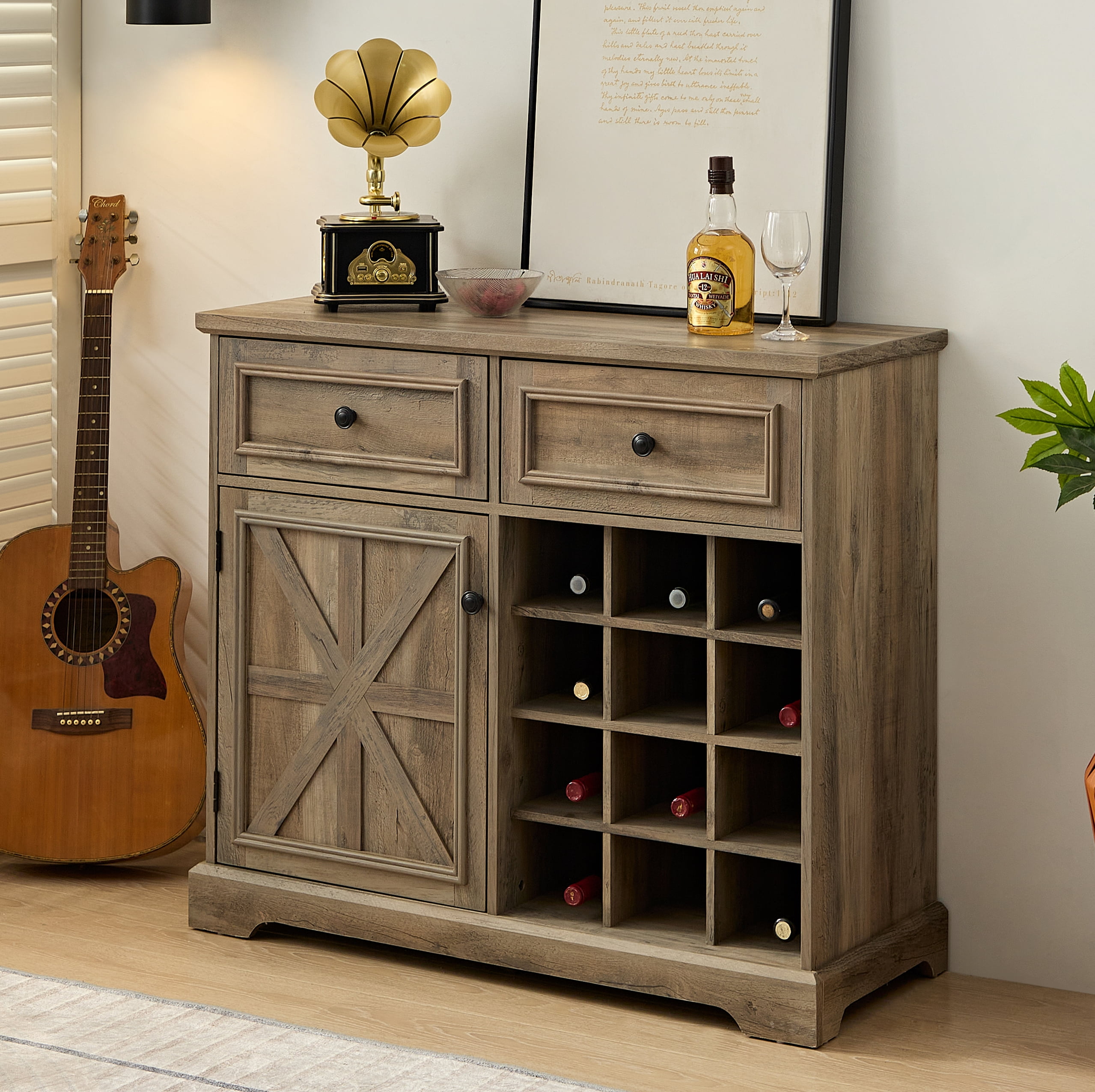 Farmhouse Bar Cabinet with 2 Drawers, Kitchen Wine Racks, Wine Bar ...