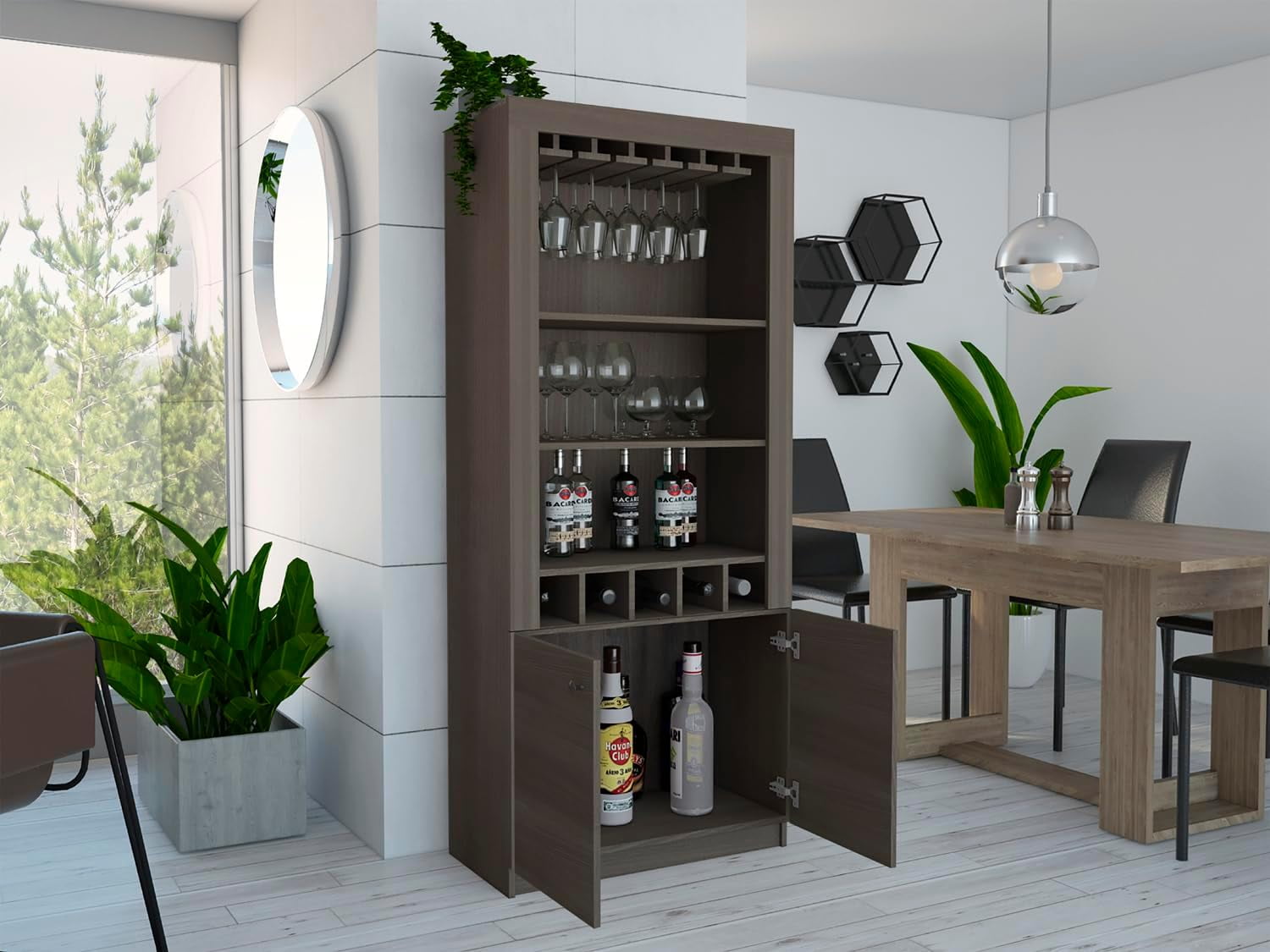 Farmhouse Bar Cabinet with Sliding Barn Door - 69" Buffet Hutch with ...