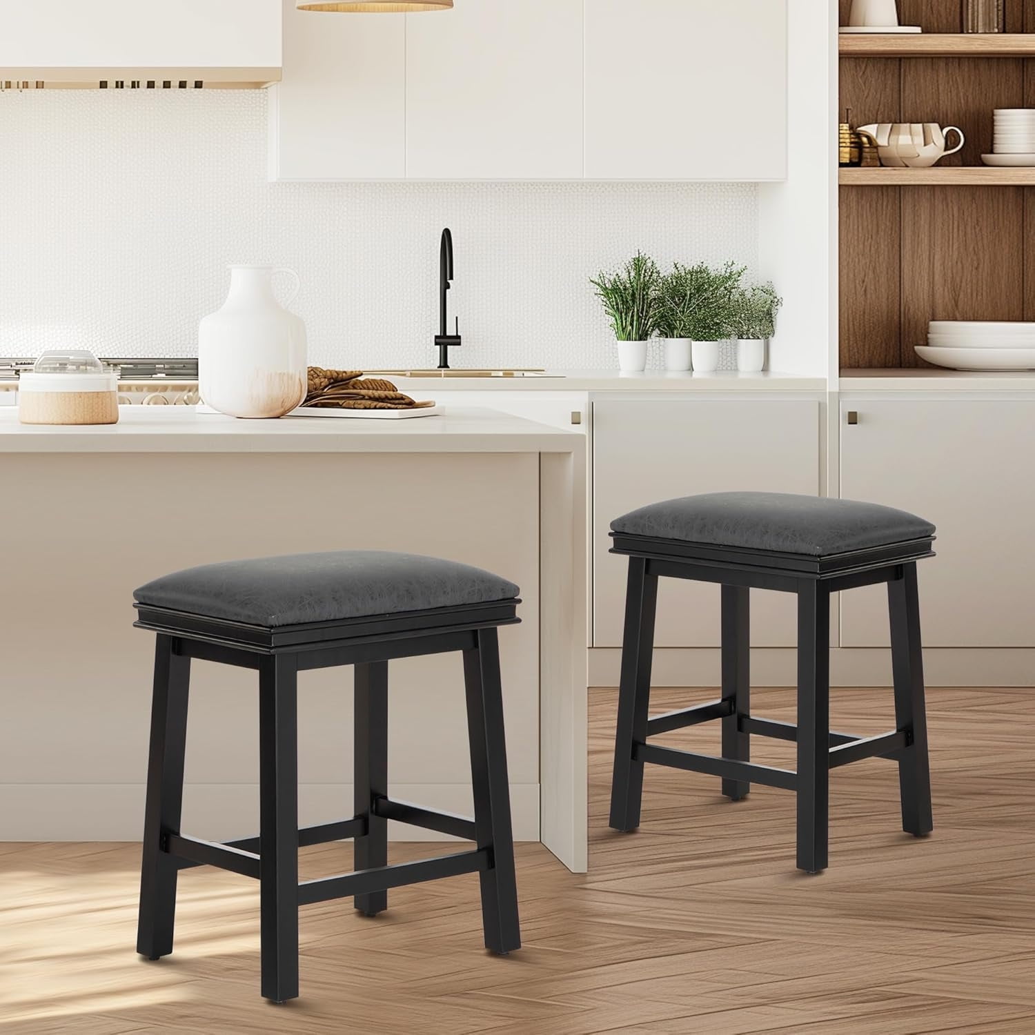 Farmhouse Bar Stools - Wood Bartools with Upholstered Saddle Seat 24 ...