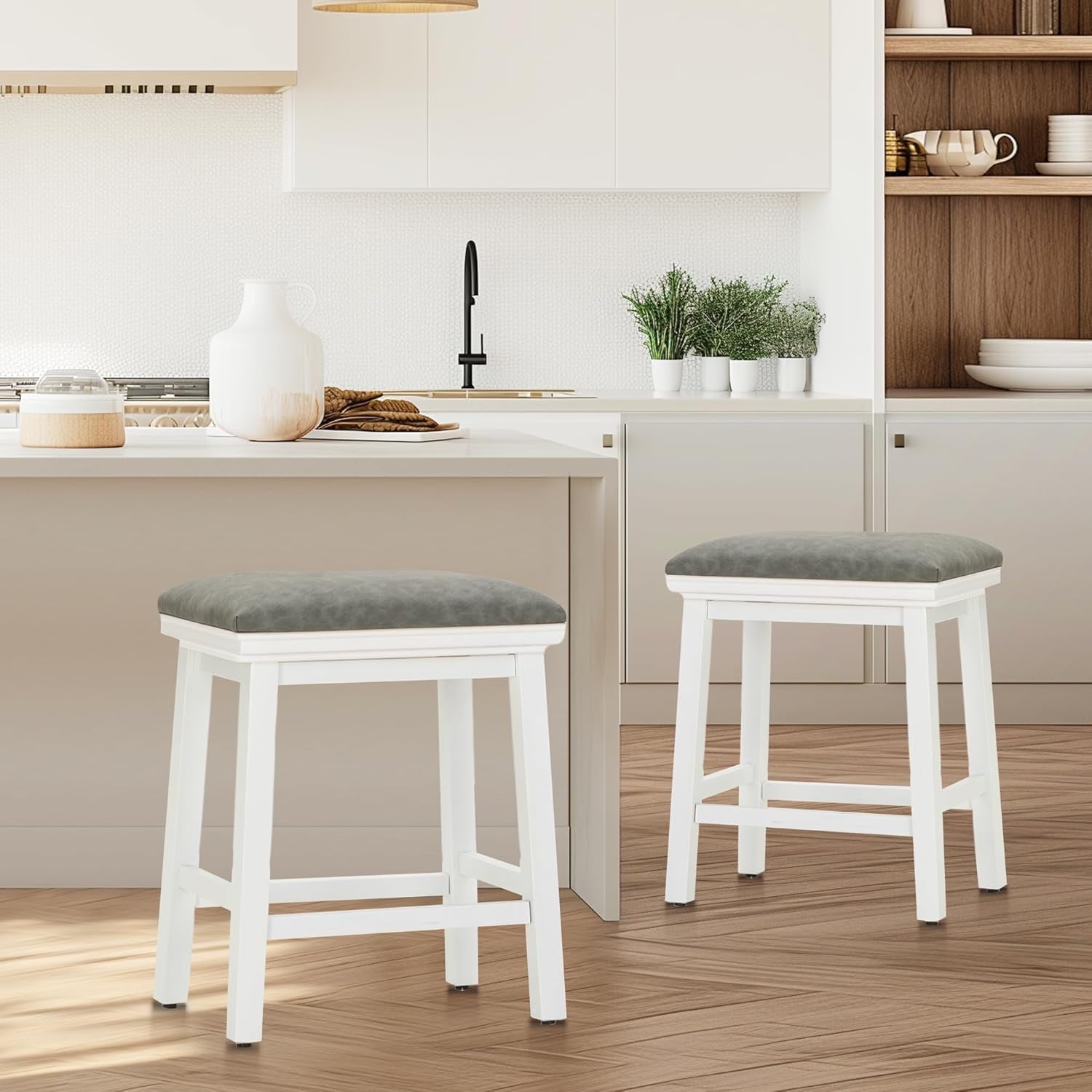 Farmhouse Bar Stools - Wood Bartools with Upholstered Saddle Seat 24 ...