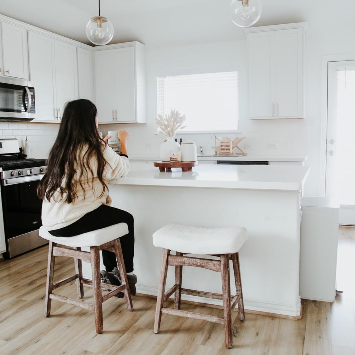 Farmhouse Bar Stools - Wood Bartools with Upholstered Saddle Seat 24 ...