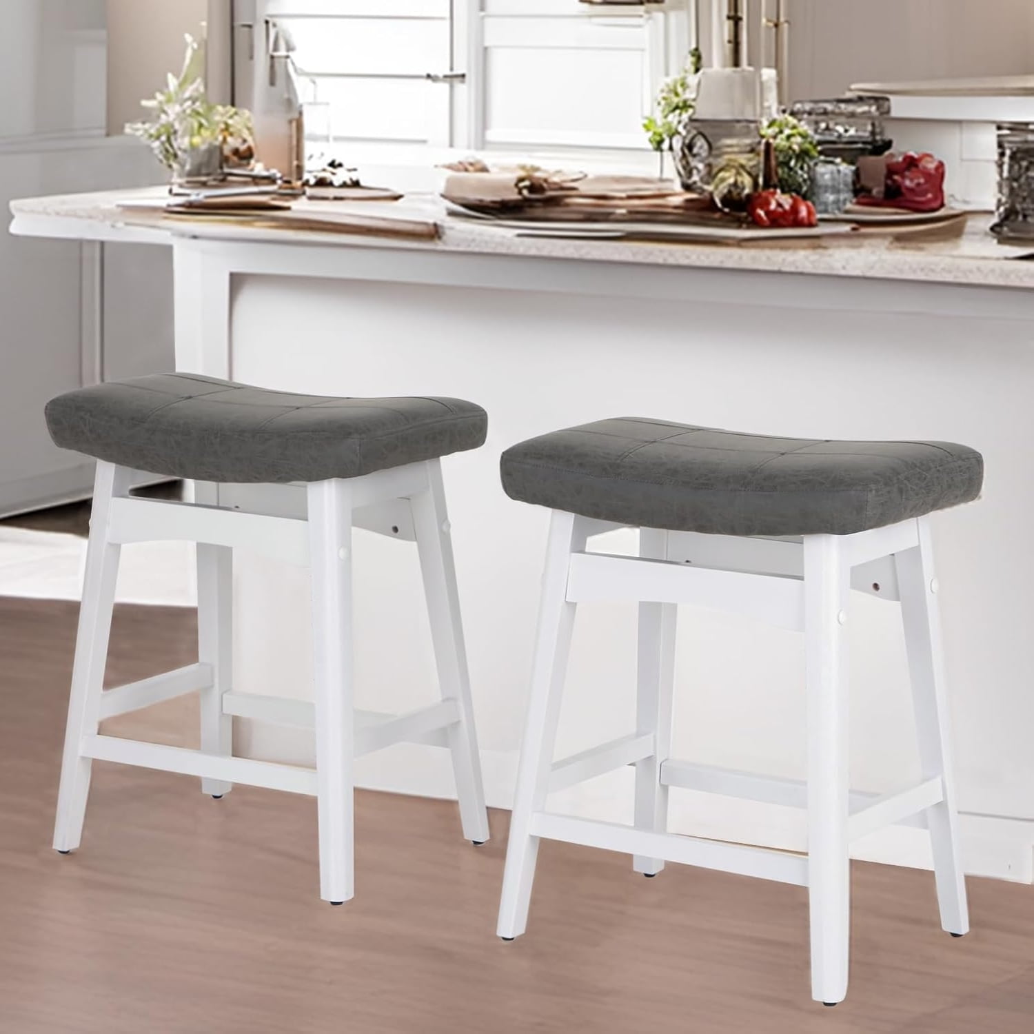 Farmhouse Bar Stools - Wood Bartools with Upholstered Saddle Seat 24 ...