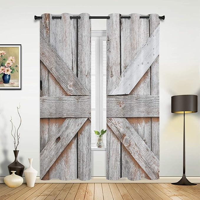 Farmhouse Barn Door Blackout Curtains, Vintage Rustic Wooden Grain ...