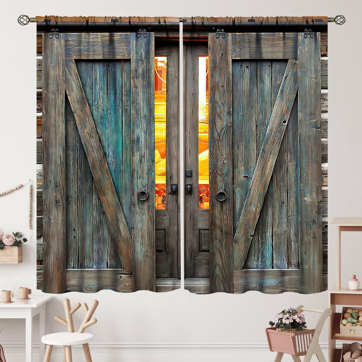 Farmhouse Barn Door Curtains Rustic Wood Country Vintage Rural Blue ...