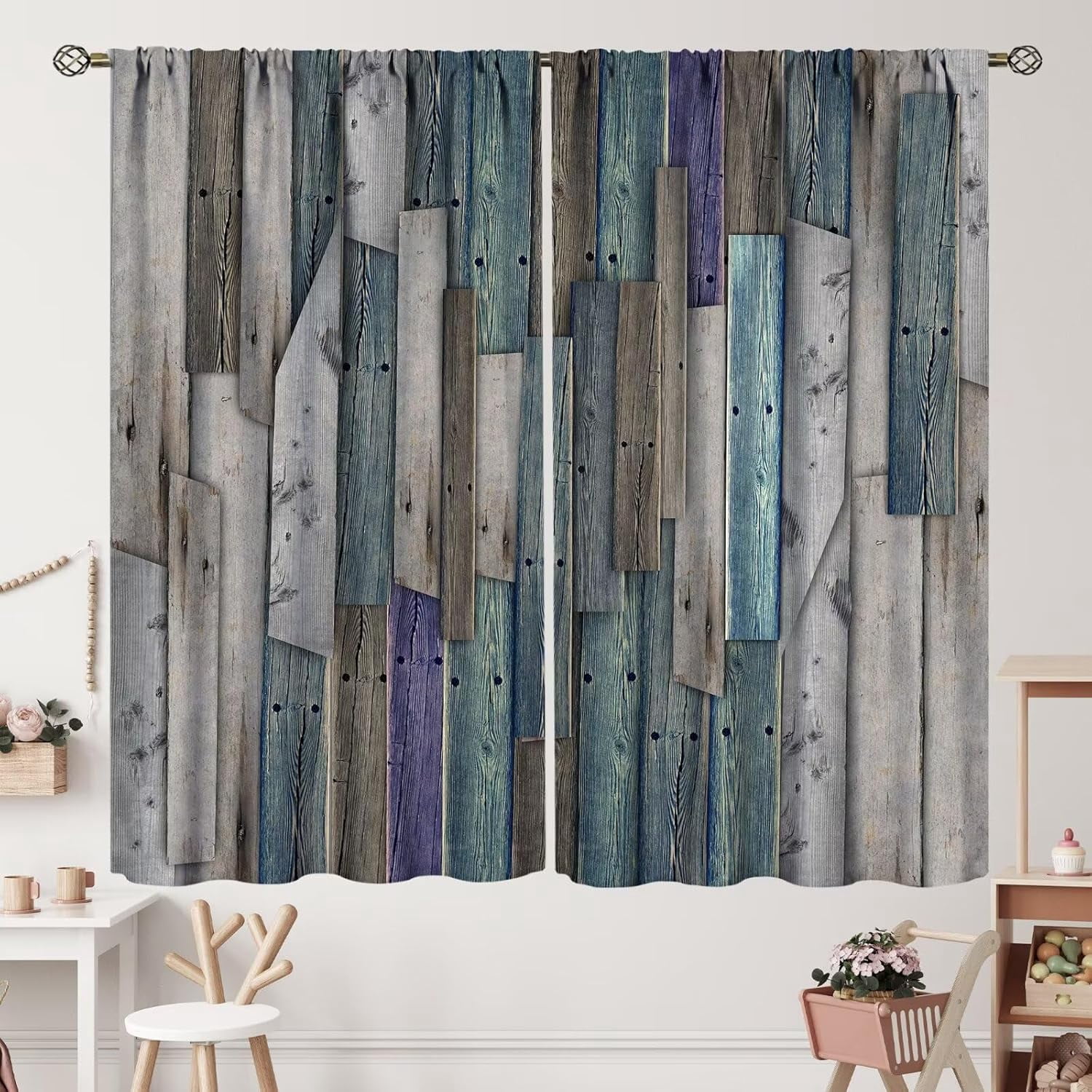 Farmhouse Barn Door Curtains Rustic Wood Country Vintage Rural Blue ...