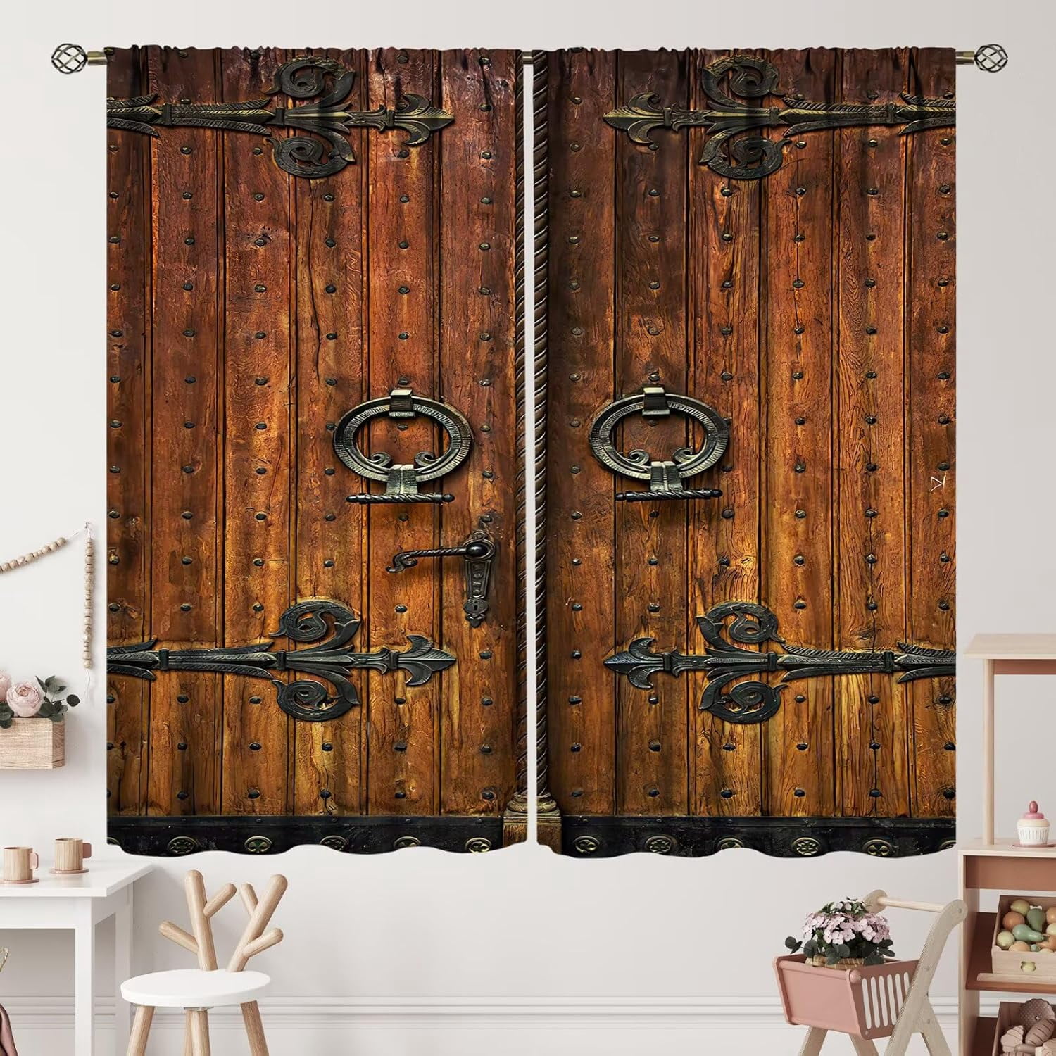 Farmhouse Barn Door Curtains Rustic Wood Country Vintage Rural Blue ...