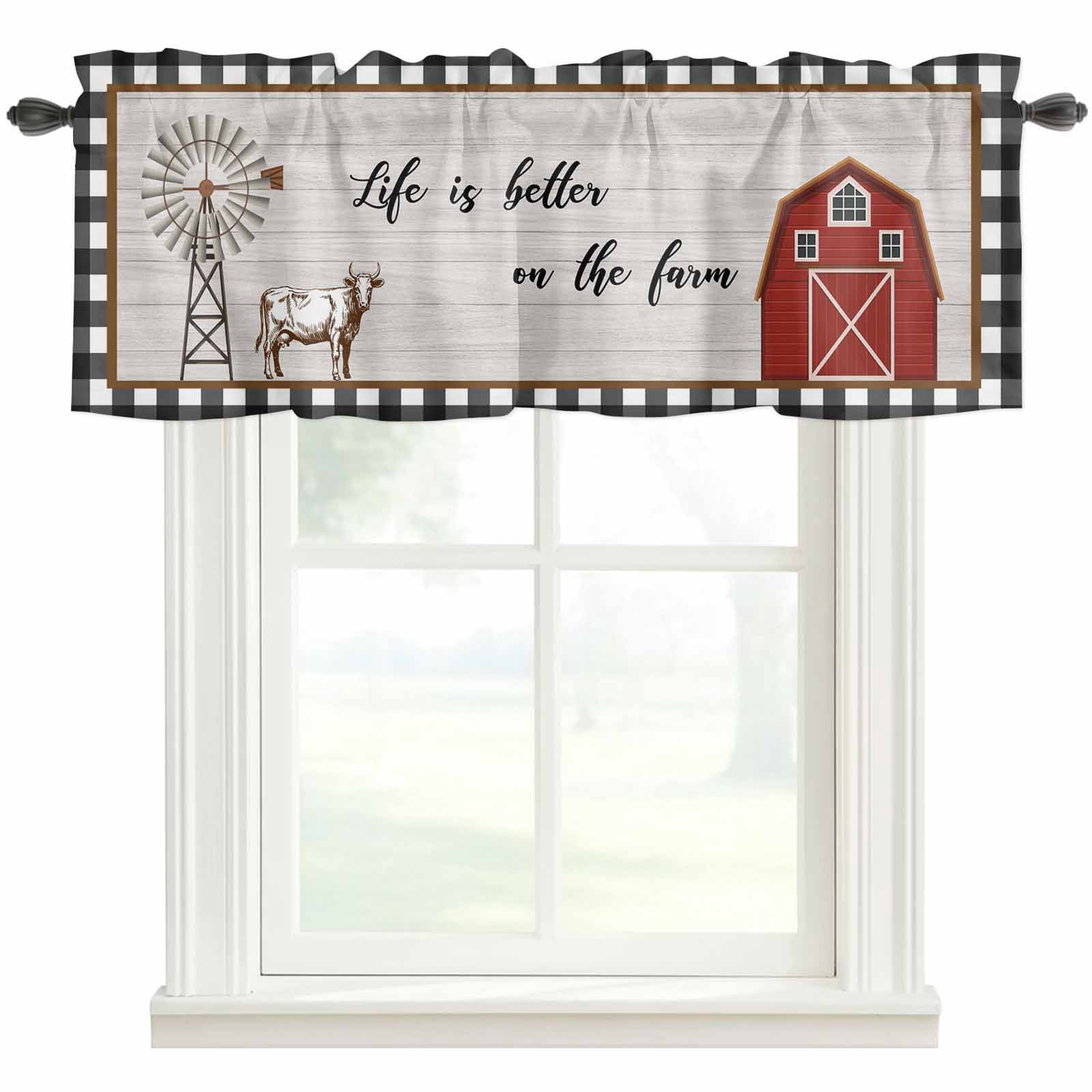 Farmhouse Barn Rod Pocket Curtain Valance, Vintage Cabin Cow Wood Grain ...
