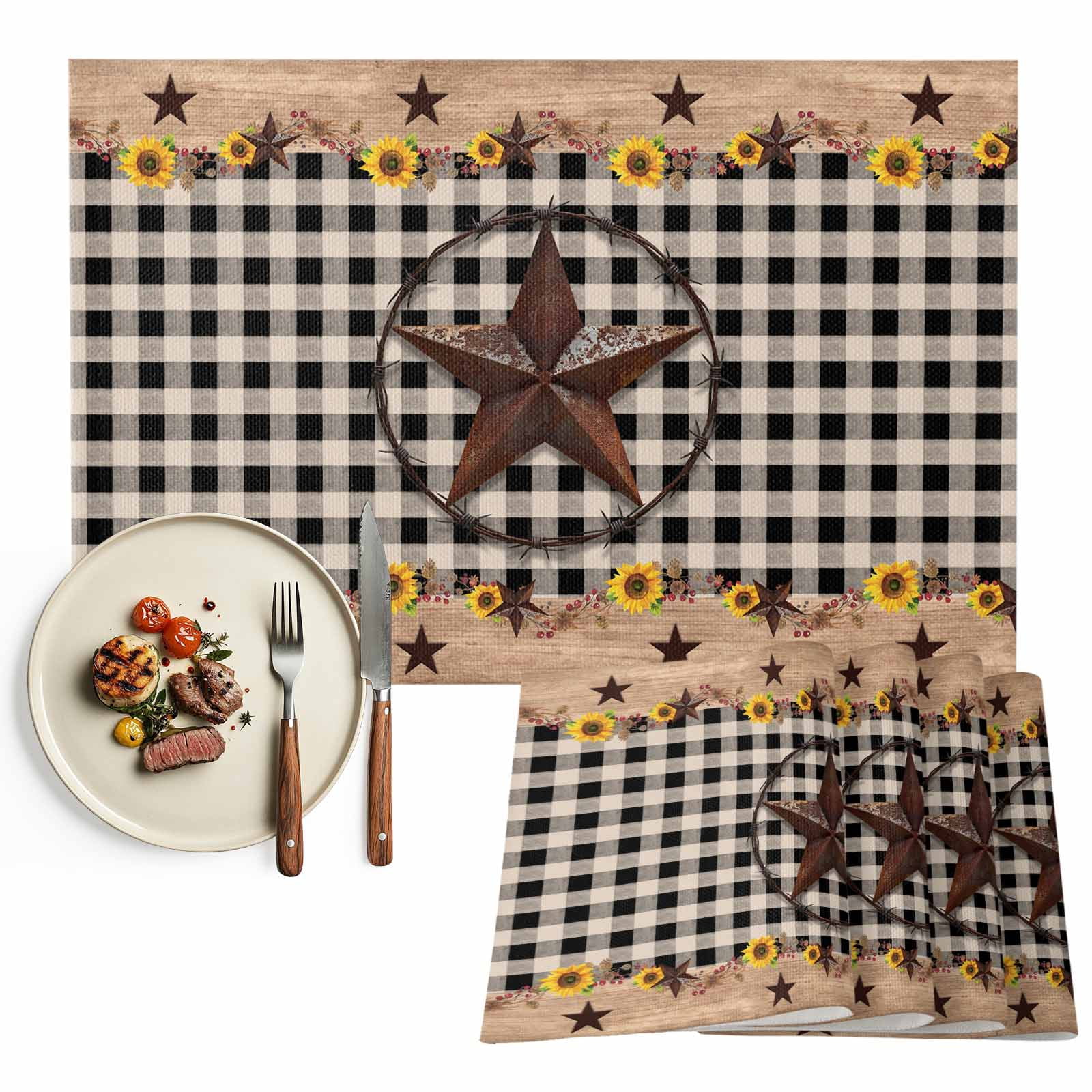 Farmhouse Barn Star Placemats Set of 2, Vintage Wood Texture Sunflower ...