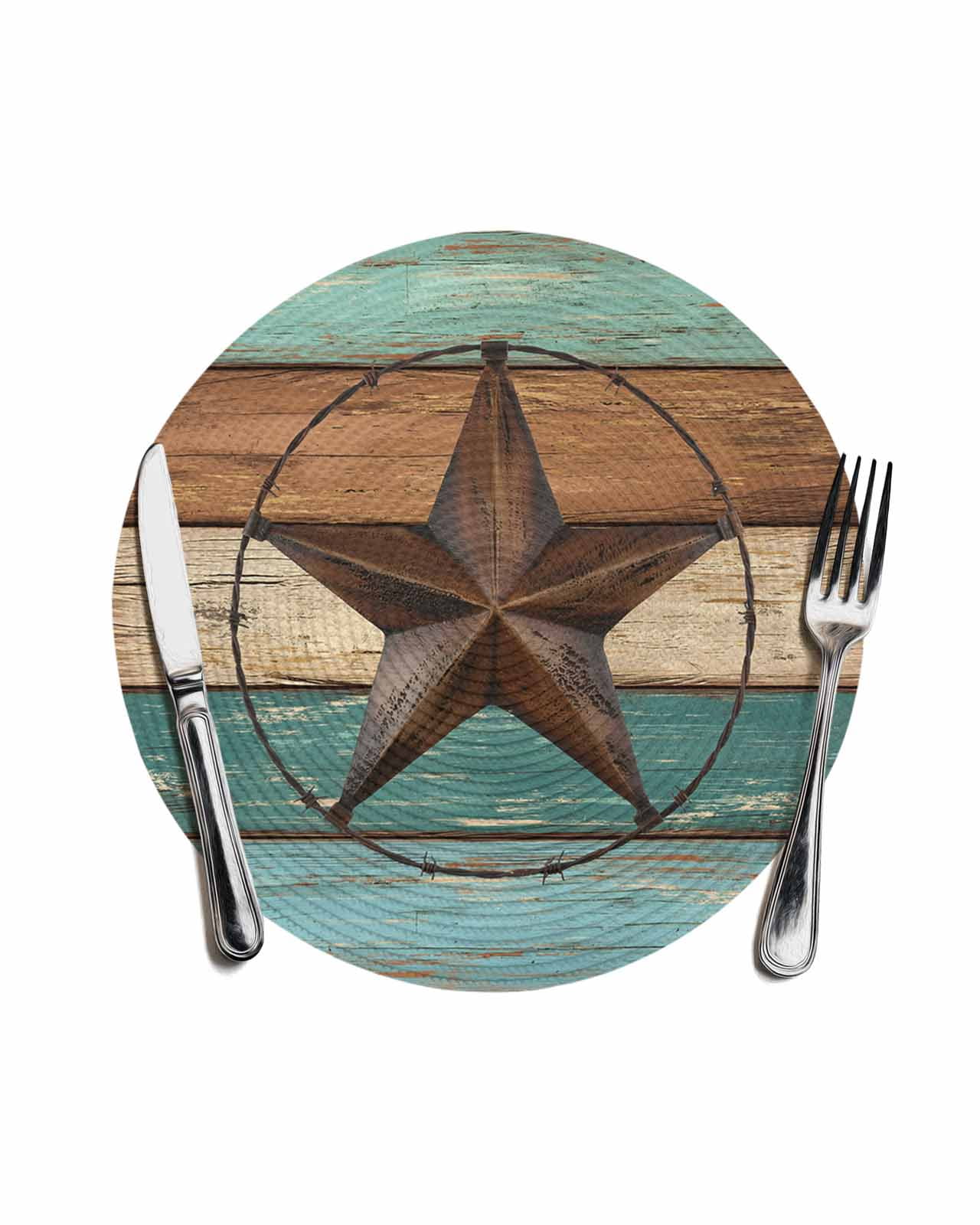 Farmhouse Barn Star Round Table Placemats 1 pc, Rustic Brown Teal Wood ...