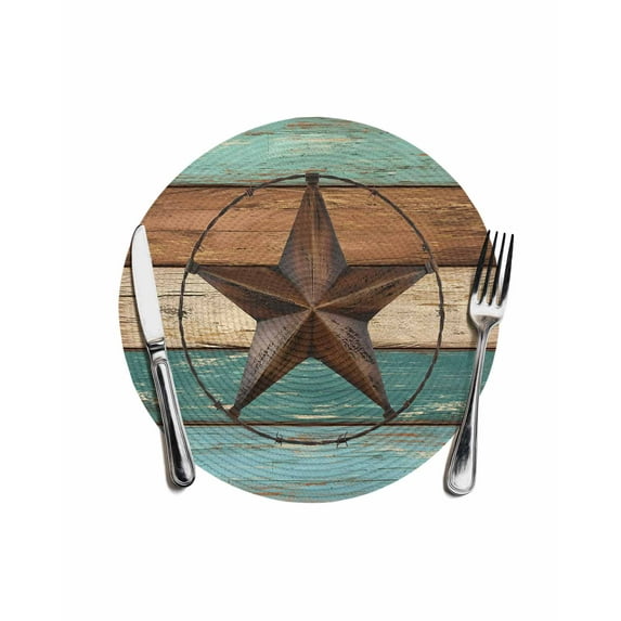 Farmhouse Barn Star Round Table Placemats 1 pc, Rustic Brown Teal Wood ...