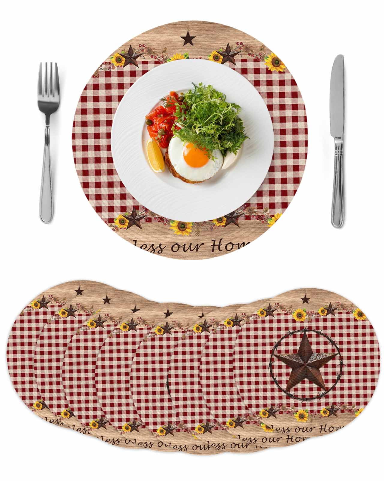 Farmhouse Barn Star Sunflower Round Table Placemats set of 8, Red ...