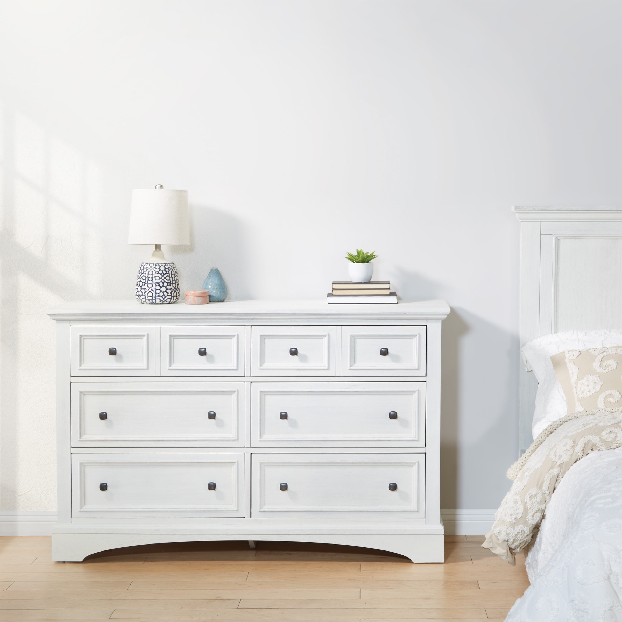 Farmhouse Basics Bedroom Wooden 6 Drawer Dresser in Rustic White Finish ...