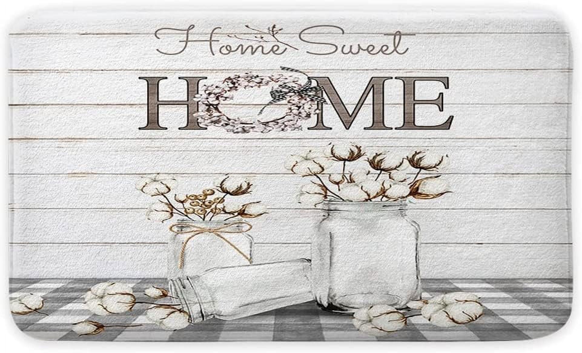 Farmhouse Bath Rug,Modern Floral Cotton Flower on Buffalo Plaid Check ...