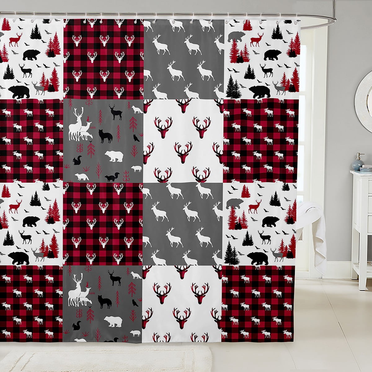 Farmhouse Bathroom Decor,Rustic Deer Antler Black Bear Shower Curtain ...