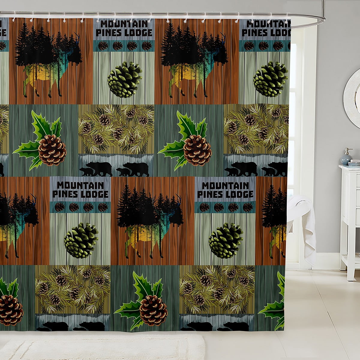 Farmhouse Bathroom Decor,Rustic Deer Black Bear Patchwork Fabric Shower ...