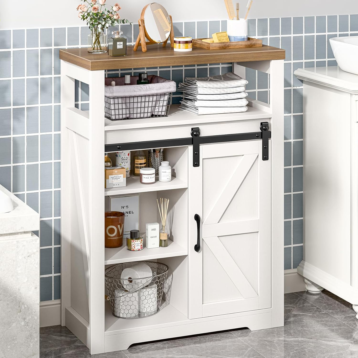 Farmhouse Bathroom Floor Cabinet with Sliding Door, Rustic Style ...