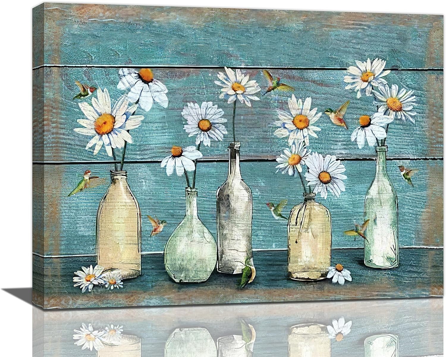 Farmhouse Bathroom Floral Wall Art Rustic Daisy Hummingbird Teal Pictures Wall Decor Country ...