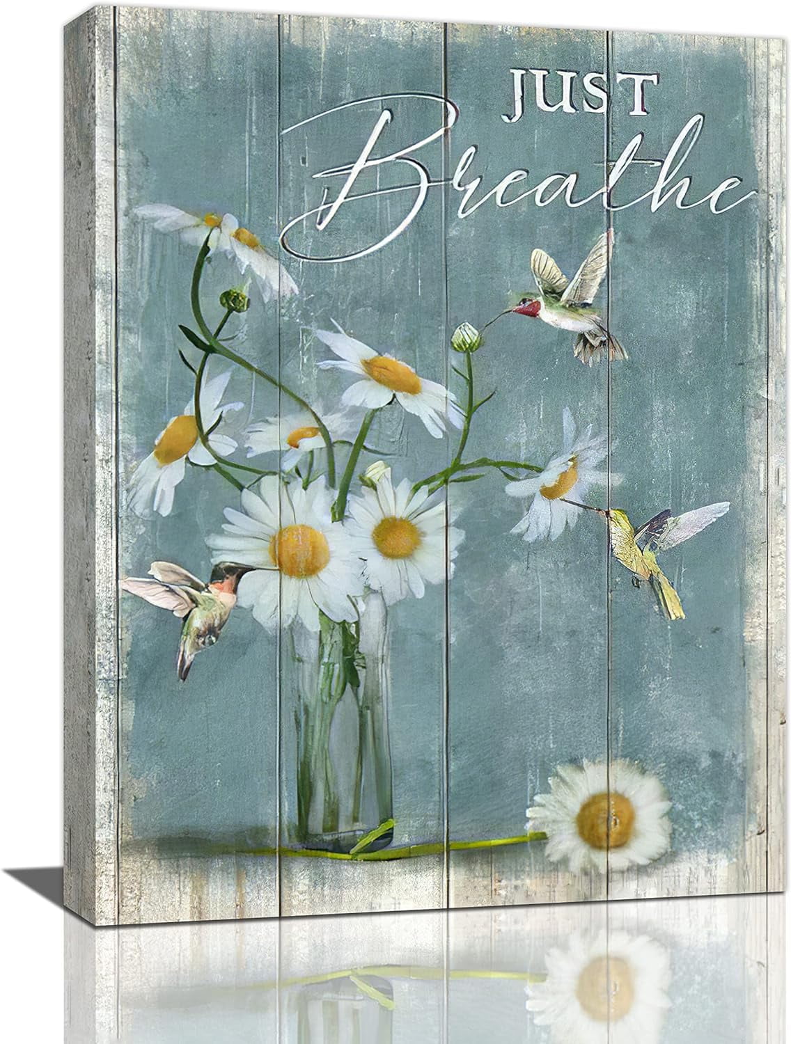 Farmhouse Bathroom Floral Wall Art Rustic Daisy Hummingbird Teal ...