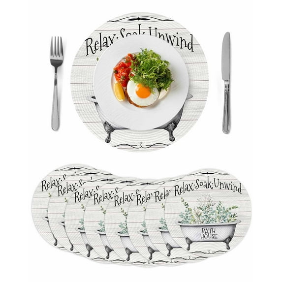 Farmhouse Bathroom Quotes Round Table Placemats set of 8, Soak Relax ...