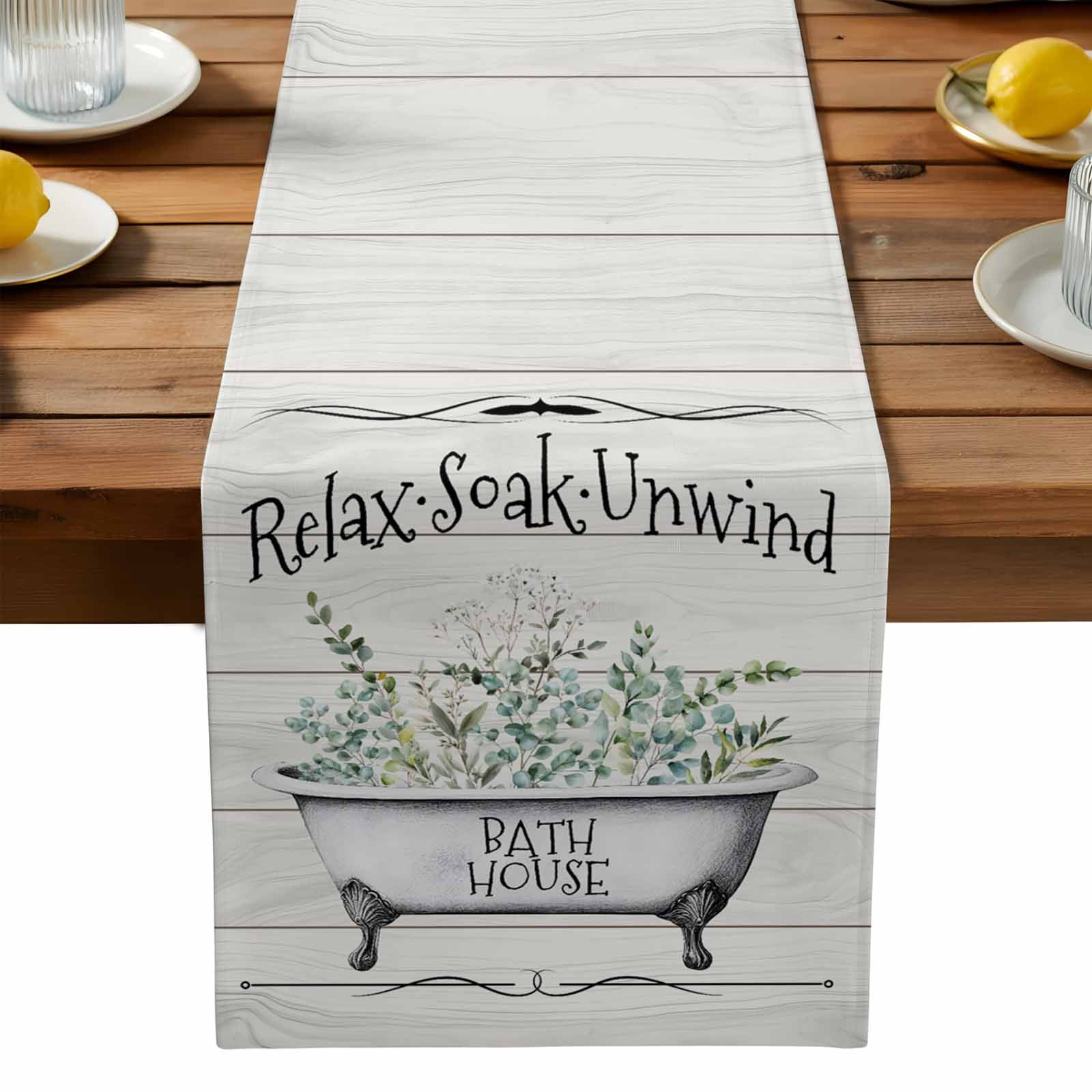 Farmhouse Bathroom Quotes Table Runner, Soak Relax Unwind Eucalyptus ...
