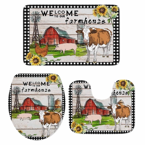 Farmhouse Bathroom Rugs Set Barn Cow Pig Chicken Sunflower Wood Grain ...