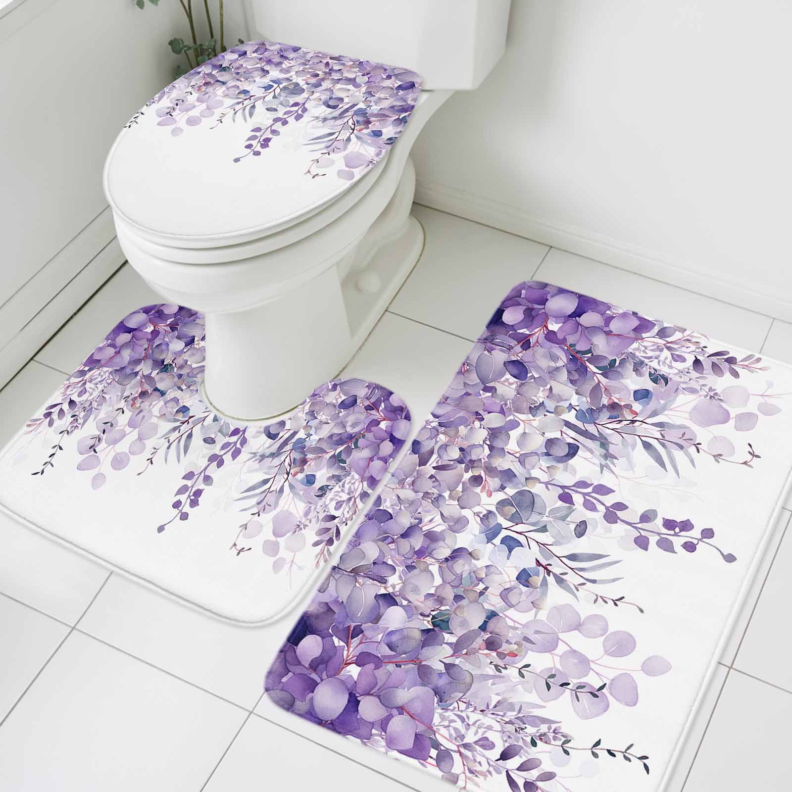 Farmhouse Bathroom Rugs Set Watercolor Purple Eucalyptus Leaves Rustic ...