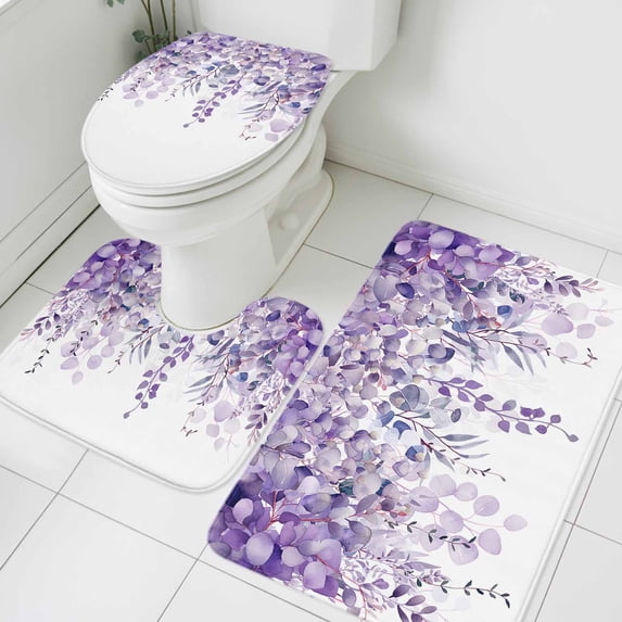 Farmhouse Bathroom Rugs Set Watercolor Purple Eucalyptus Leaves Rustic ...