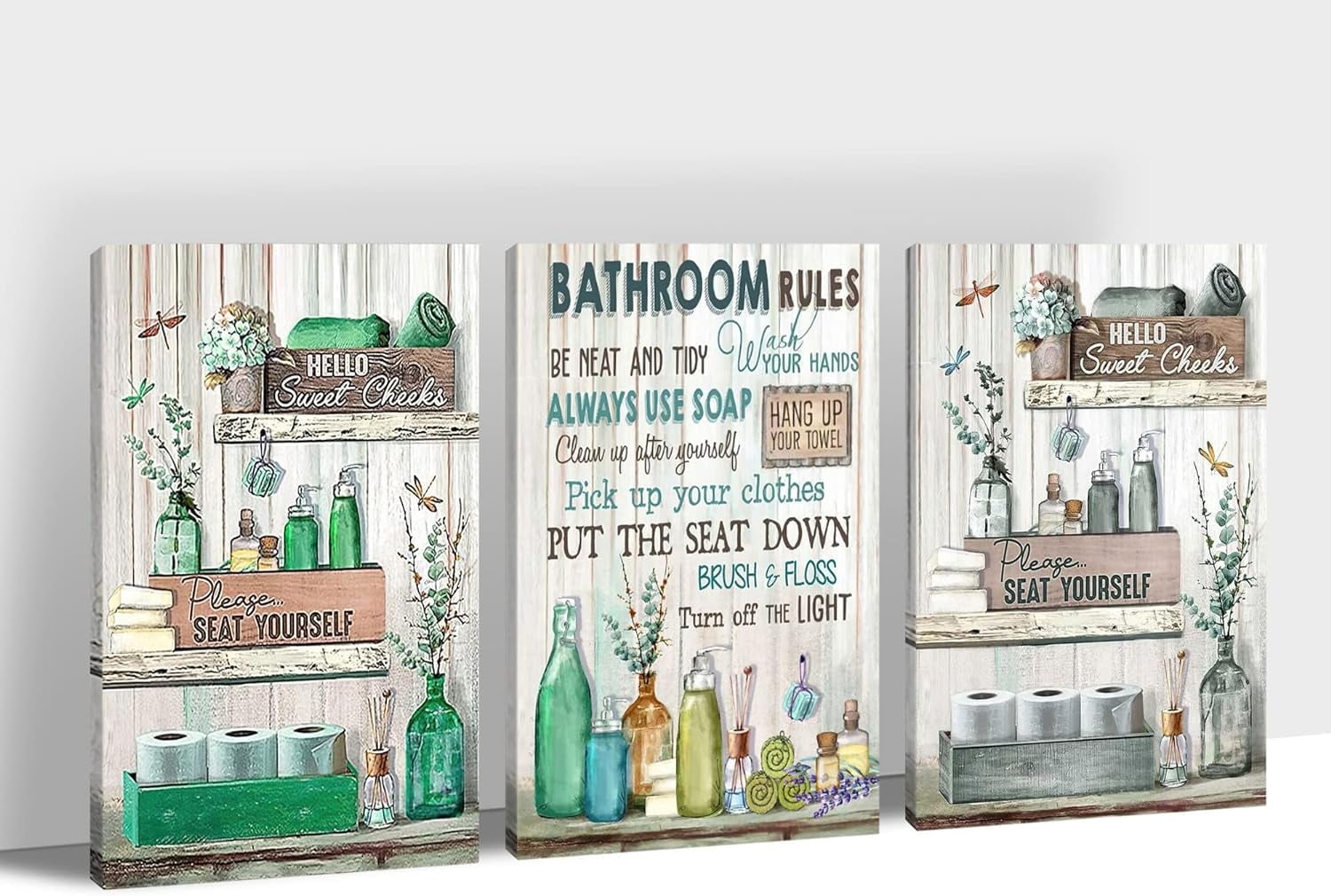 Farmhouse Bathroom Rule Wall Canvas Art, Vintage Style Bathroom Wall ...