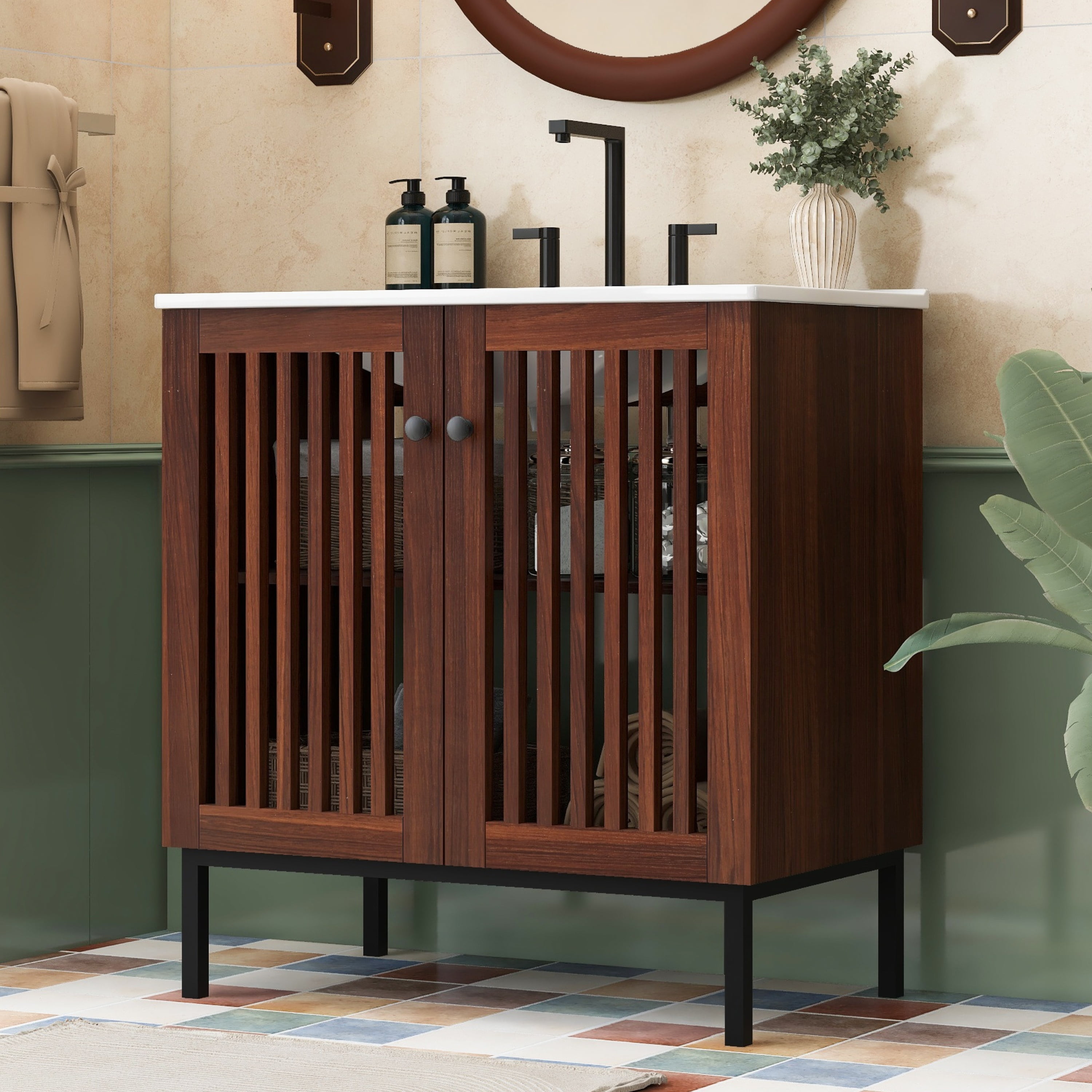Farmhouse Bathroom Vanity with Ceramic Sink, Vintage Rustic Bathroom ...