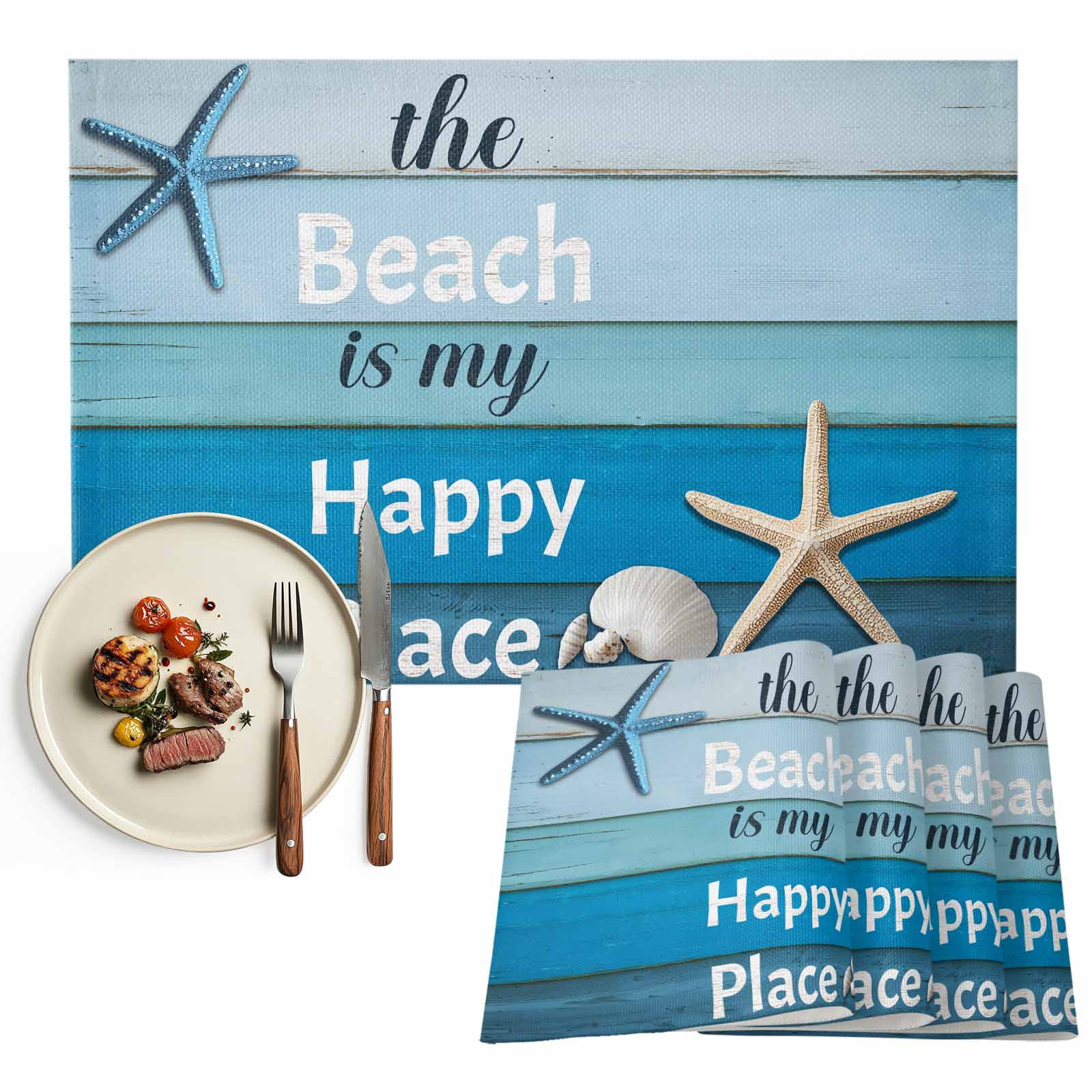 Farmhouse Beach Placemats Set of 2, Starfish Bule Wood Texture Coastal ...