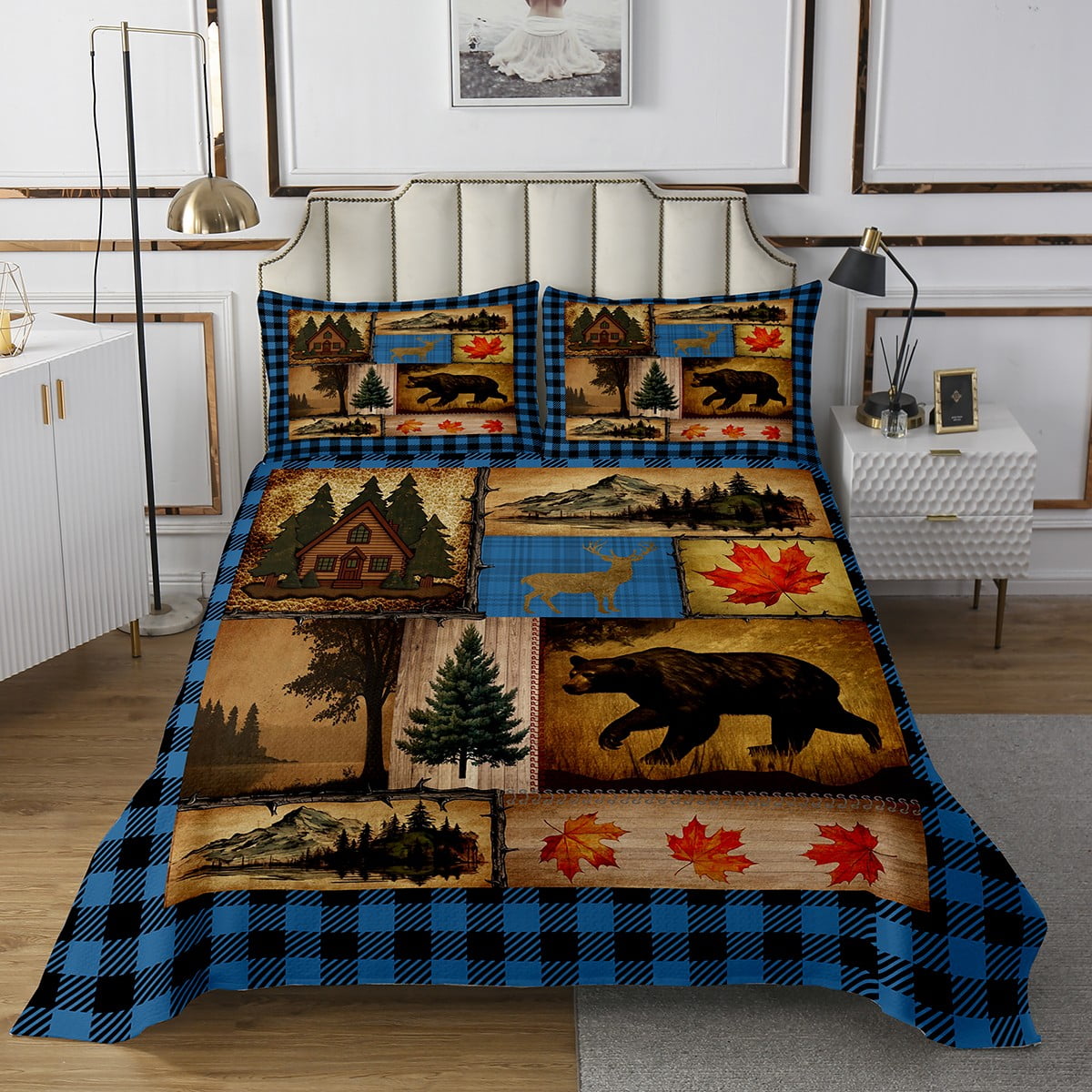Farmhouse Bear Bedspread Set,Rustic Cabin Lodge Bedding Set Twin,Blue ...