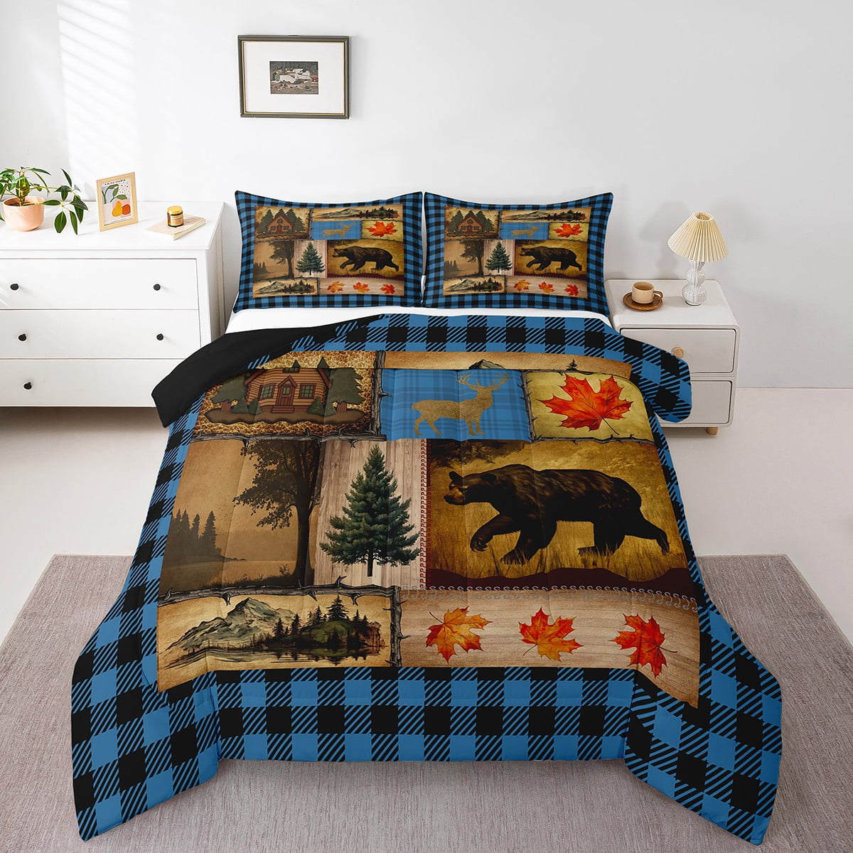 Farmhouse Bear Comforter Set,Rustic Cabin Lodge Bedding Set Twin Size,Blue and Black Buffalo ...