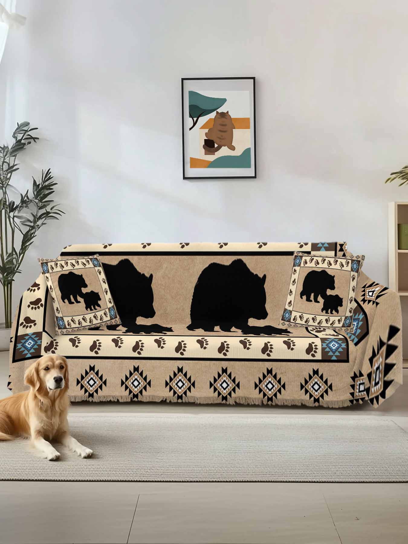 Farmhouse Bear Couch Cover, Country Vintage Animals Paw Print Brown ...