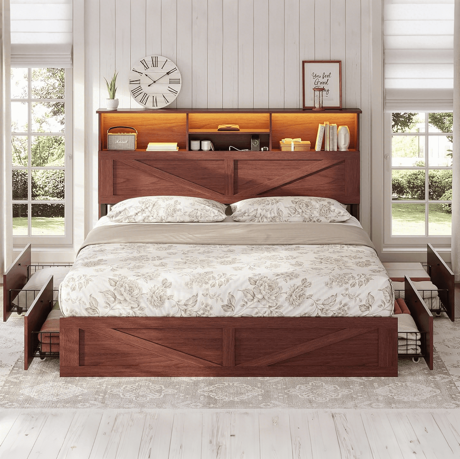 Farmhouse Bed Frame Queen Size with Bookcase Storage Headboard, Charging Station and LED Lights ...