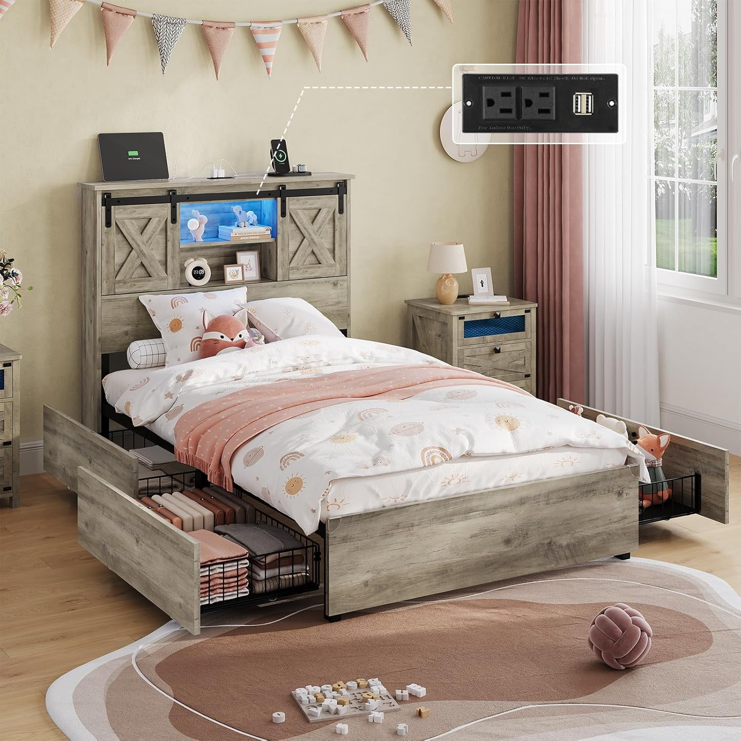 Farmhouse Bed Frame Twin Size with RGB LED Lights,Wooden Platform Twin ...