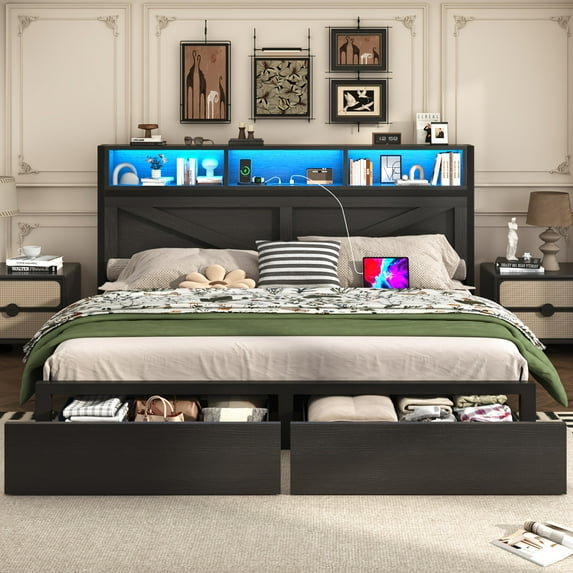 Farmhouse Bed Frame with Storage Headboard, LED Lights, Charging ...