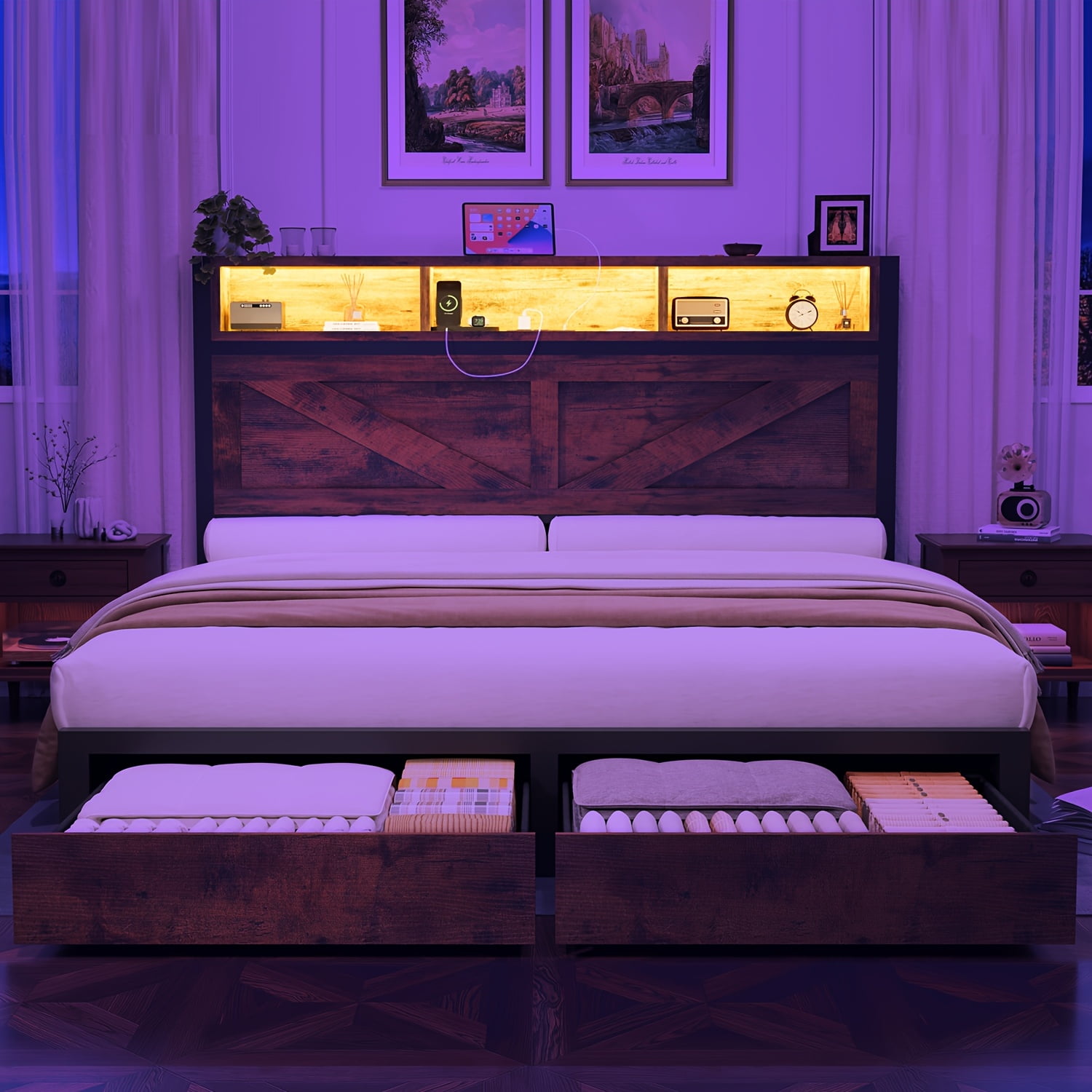 Farmhouse Bed Frame with Storage Headboard, LED Lights, Charging ...