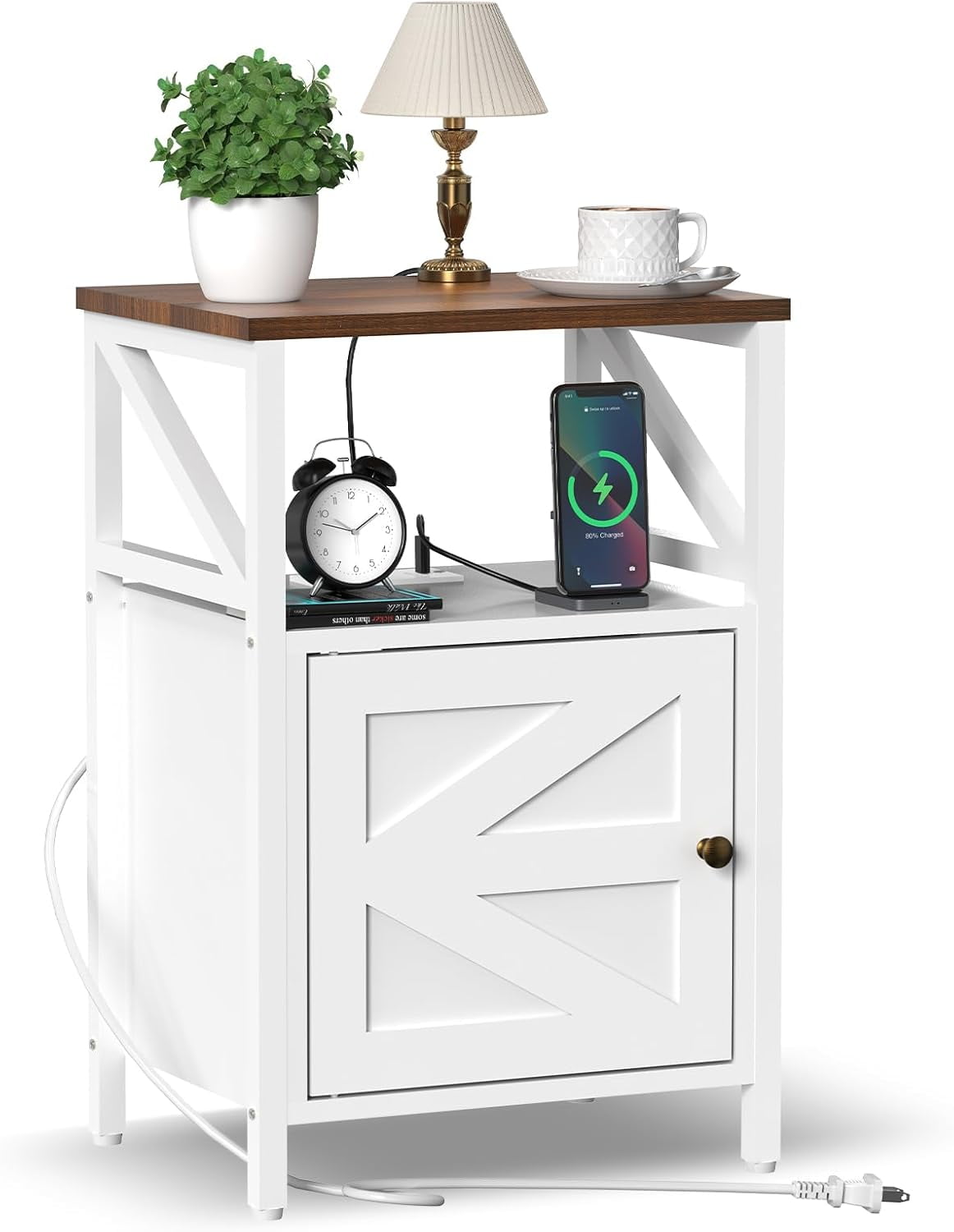 Farmhouse-Bed-Side-Table with Charging Station & Storage Shelf, White ...