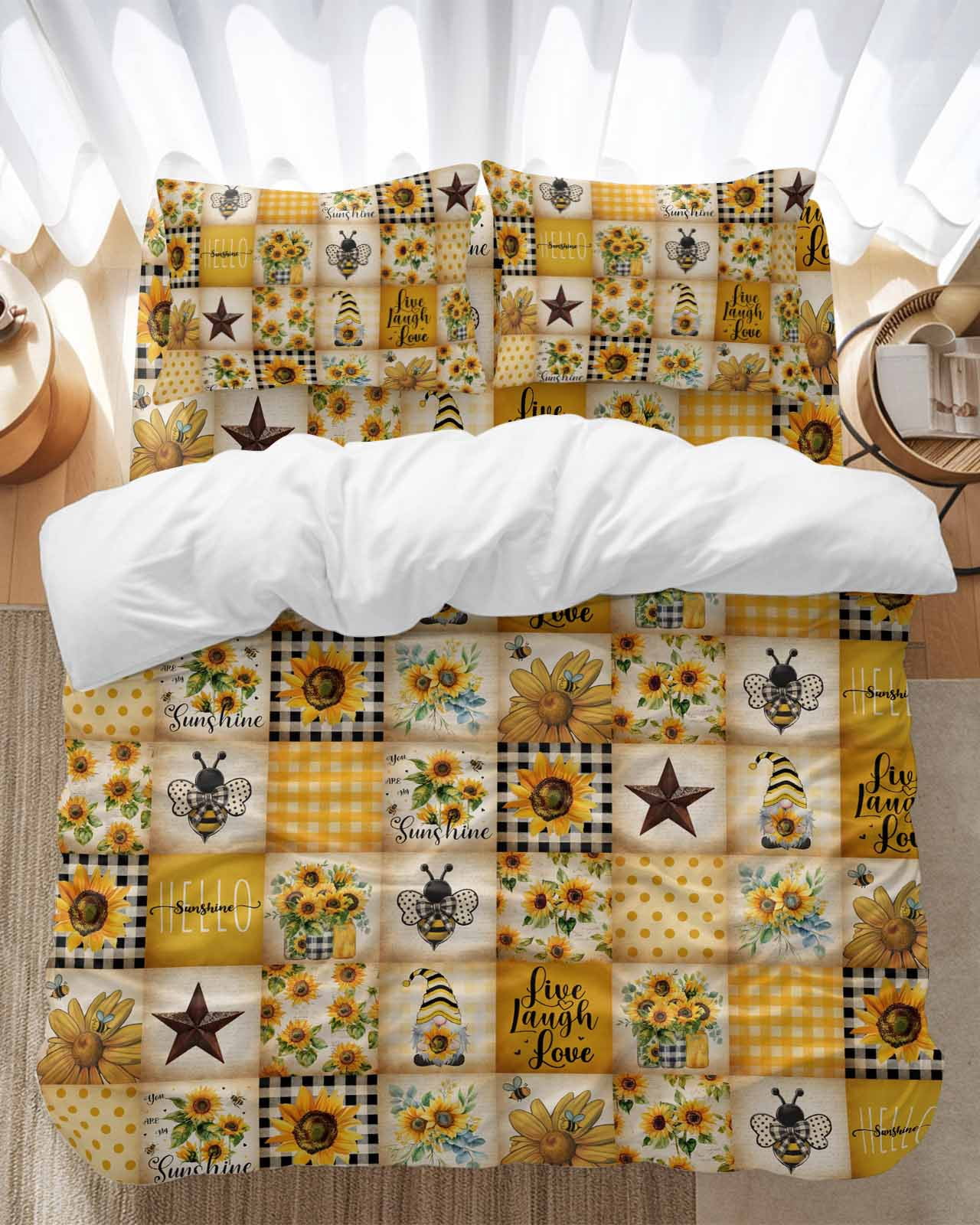 Farmhouse Bedding Duvet Cover Set Full 4 Pieces Sunflower Gnome Bee ...