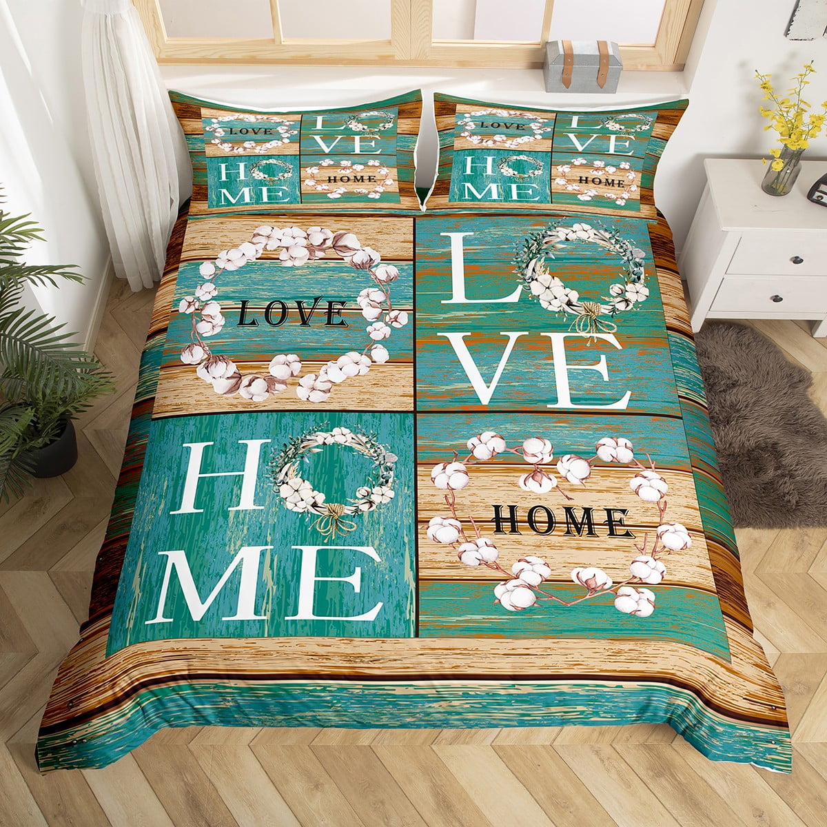 Farmhouse Bedding Set Rustic Cotton Floral Wreath Comforter Cover ...
