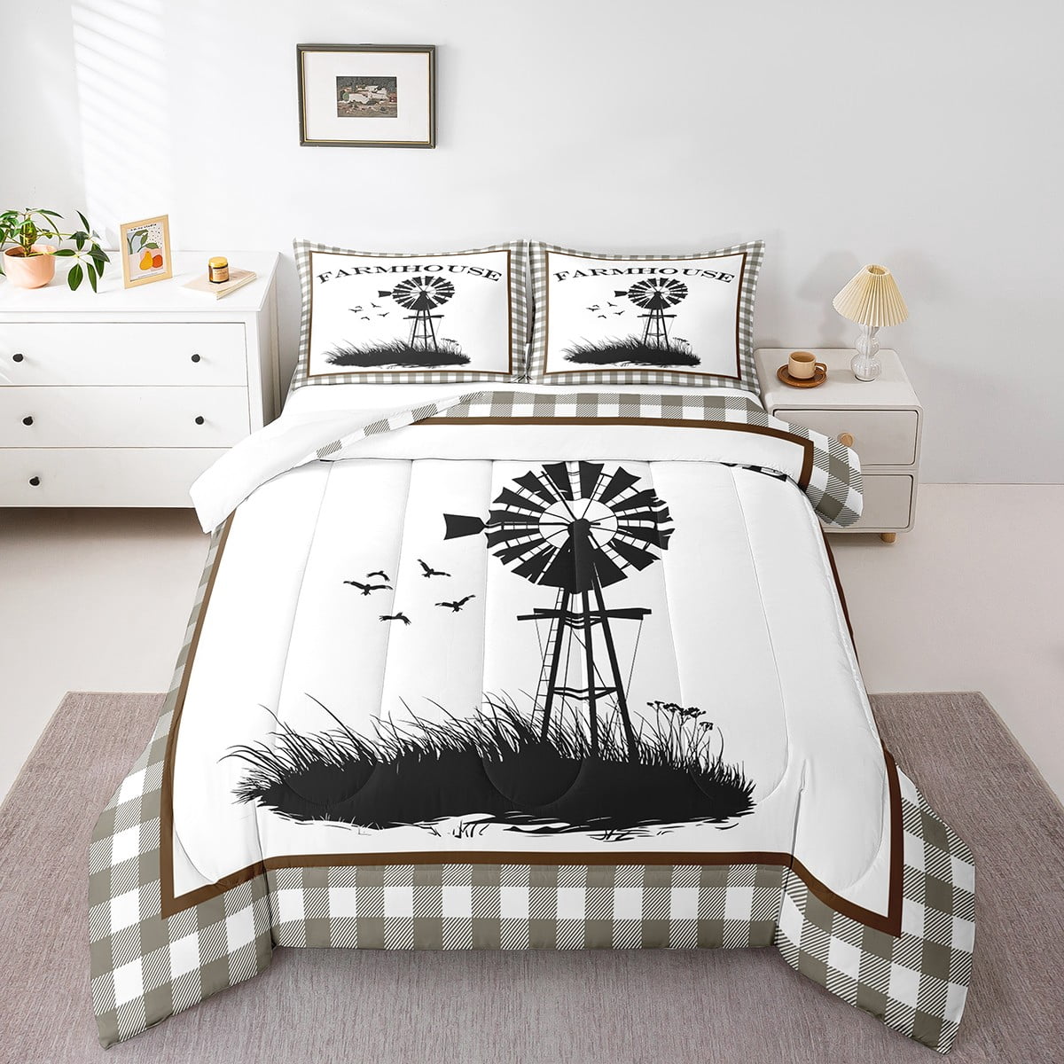 Farmhouse Bedding Comforter Sets , Black Sketch Windmill Bedding ...