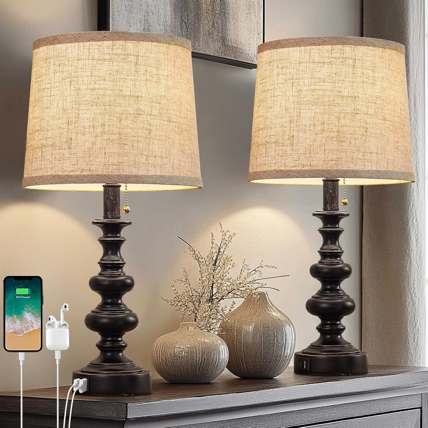 Farmhouse Bedside Lamps Set of 2 with USB A+C Ports, Black Bedroom ...