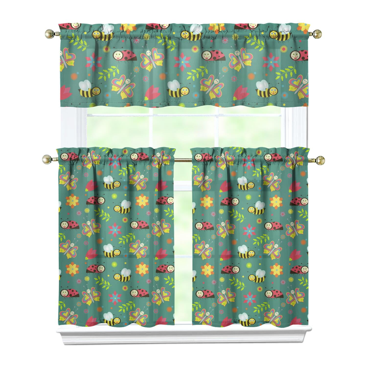 Farmhouse Bee Print Kitchen Curtains Set of 3 - Honey Yellow Bumblebee ...
