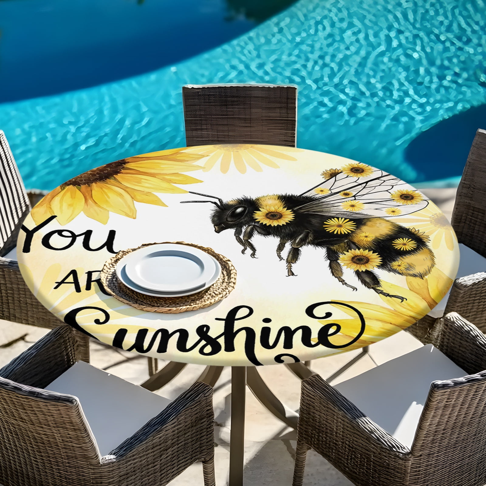 Farmhouse Bee Yellow Sunflower Round Fitted Tablecloth with Elastic ...