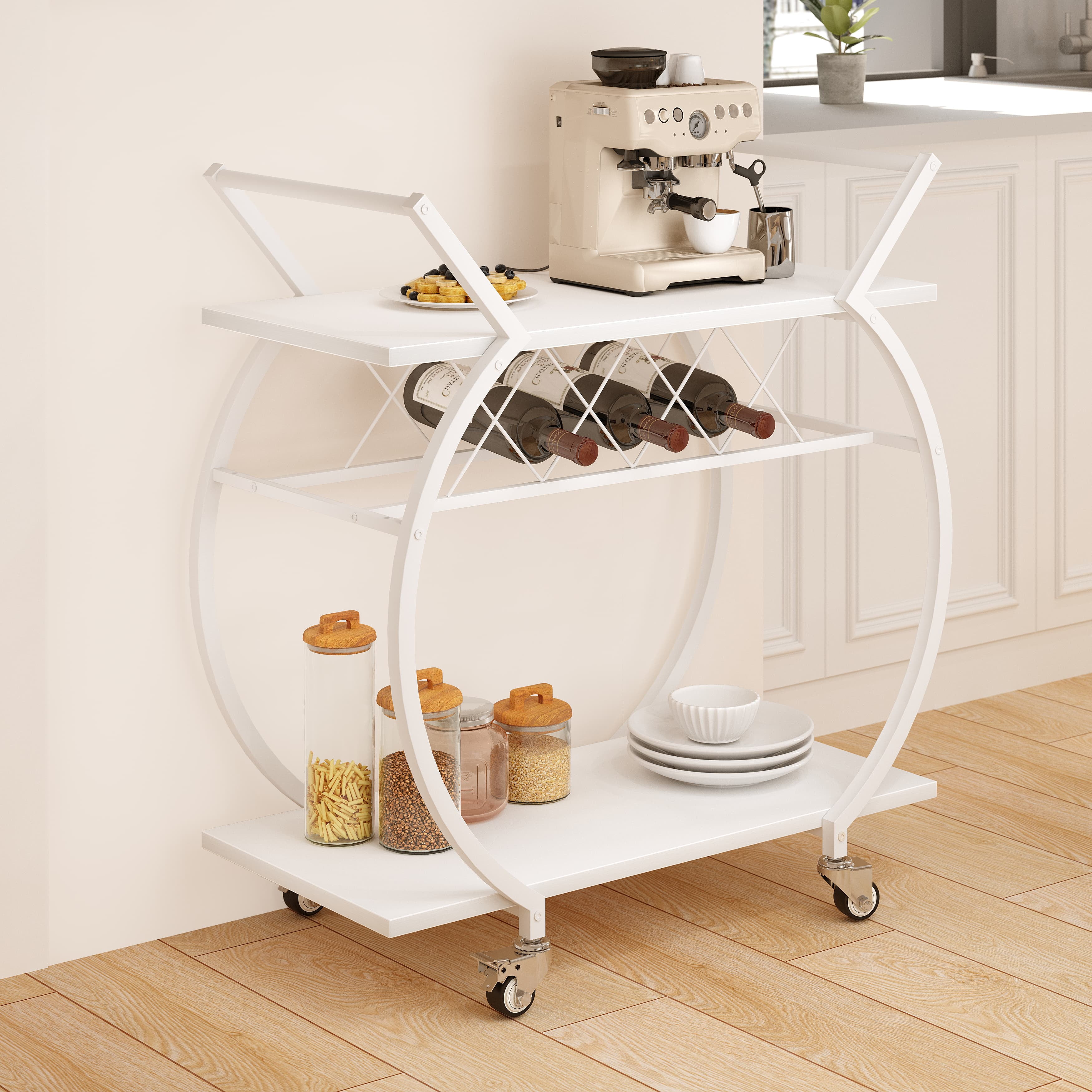 Farmhouse Beverage Serving Liquor Cart with Wheels,White Bar Cart ...