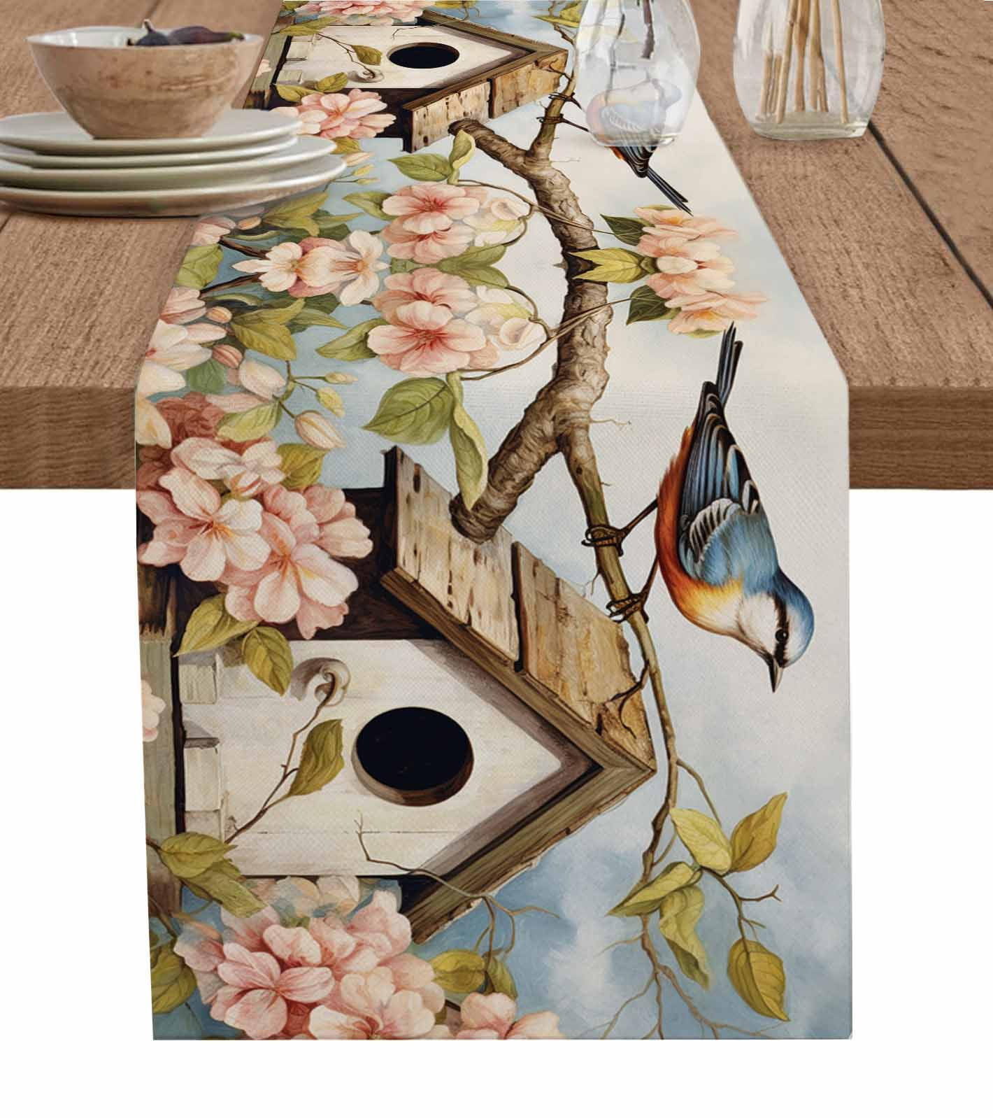 Farmhouse Birdhouse, Table Runner Vintage Spring Flower Plant Leaves Tablerunners 13 x 36 Inch ...