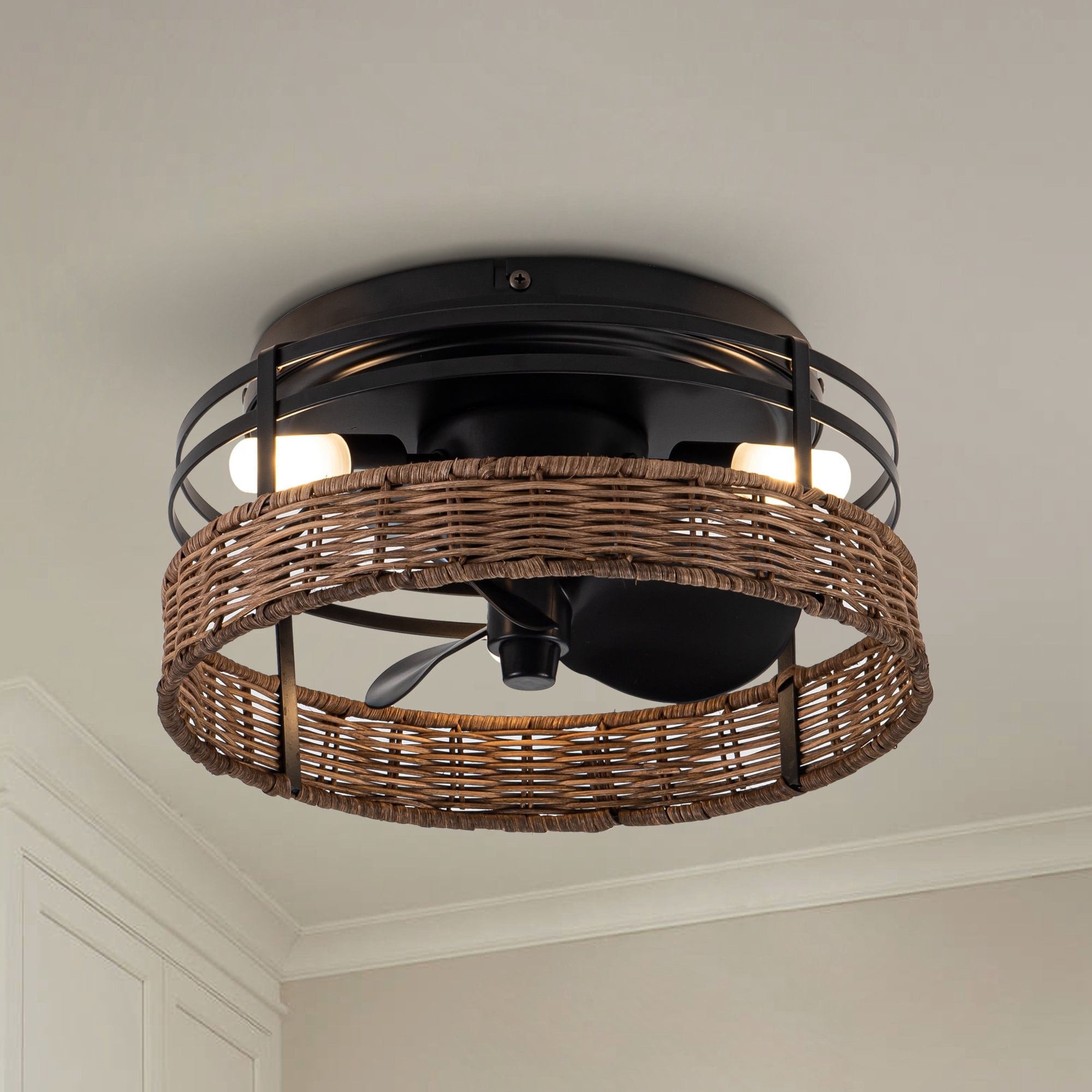 Farmhouse Black 3-Blade Rattan Small Flush Mount Ceiling Fan with ...