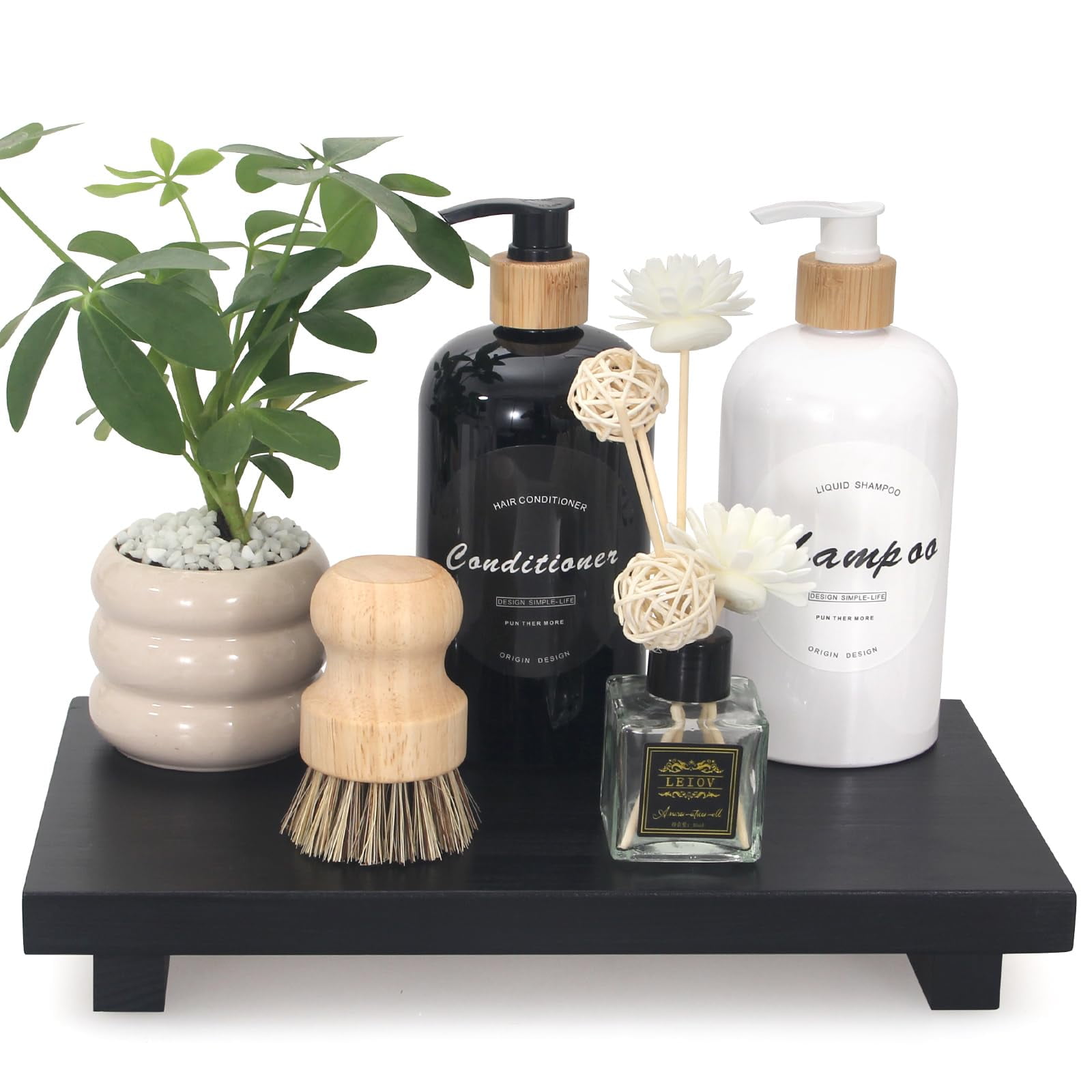 Farmhouse Black Bathroom Tray Organizer Wooden Hand Dish Soap Dispenser ...
