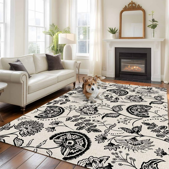 Farmhouse Black Floral Large Area Rugs 5x8 ft Linen Boho Flower Rustic ...