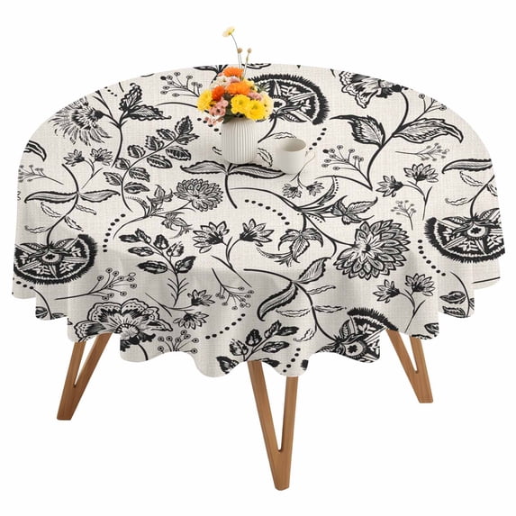 Farmhouse Black Floral Round Tablecloth 54 inches Linen Boho Flower ...
